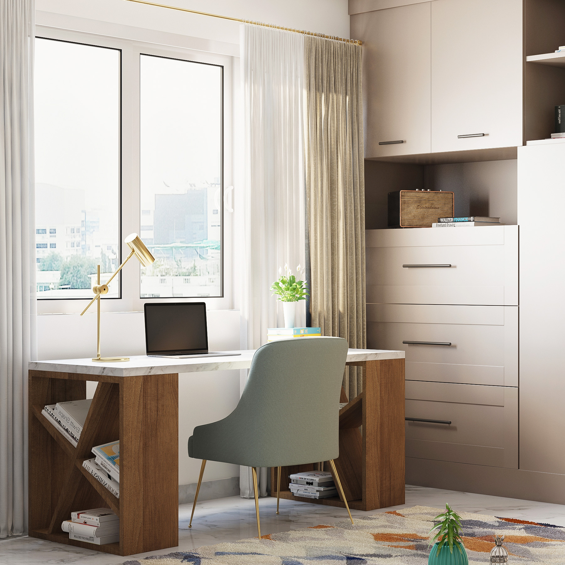 Compact Minimal Study Room Design With Teak And Marble White | Livspace