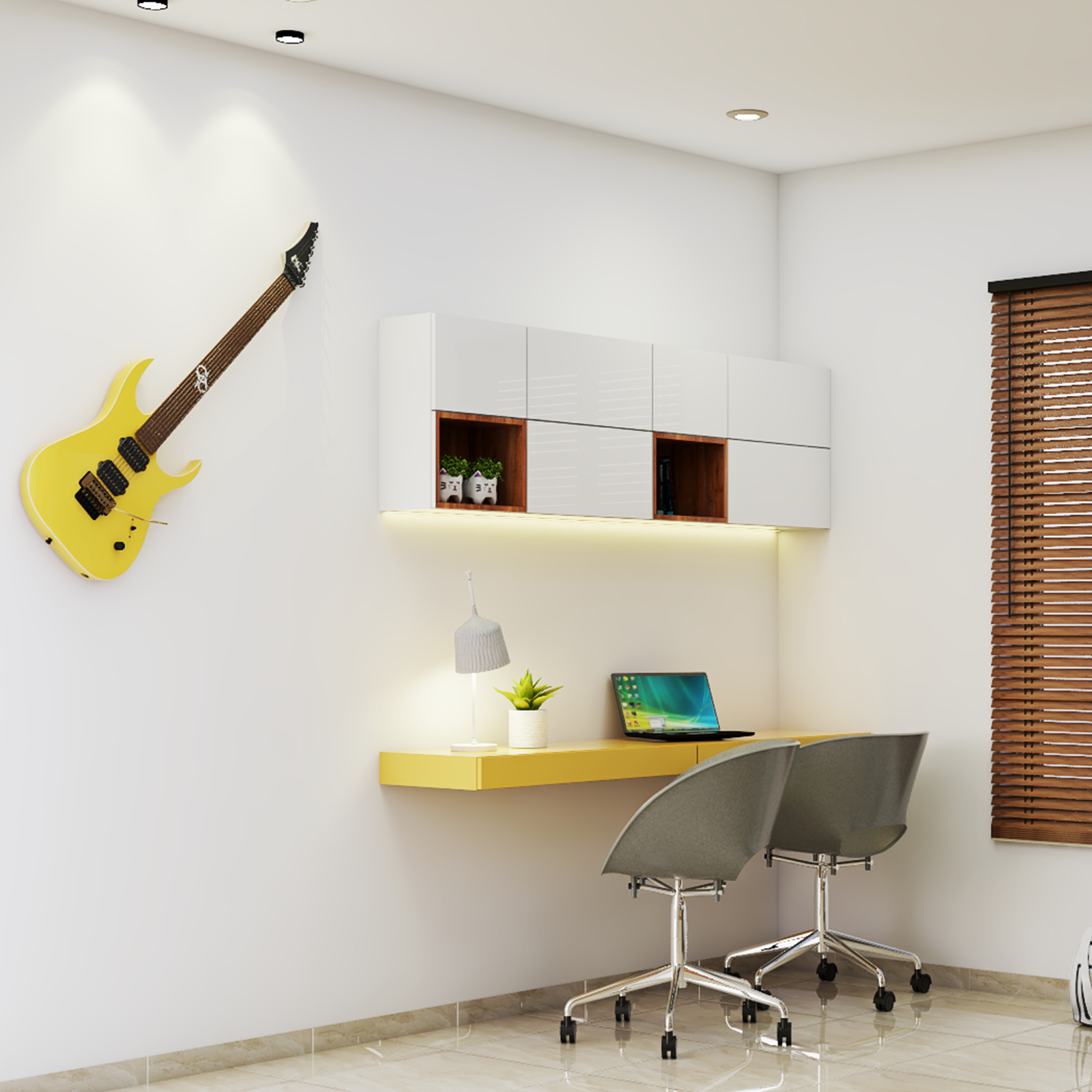 Spacious Modern Study Room Design In Yellow And Frosty White | Livspace