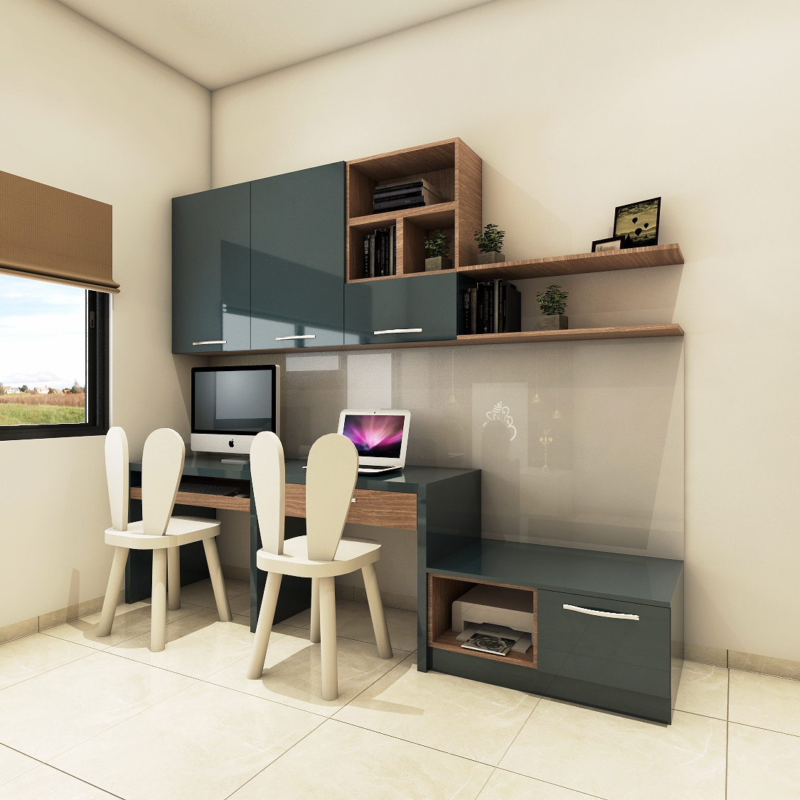 Spacious Grey And Brown Study Room Design With Open And Closed Storage ...