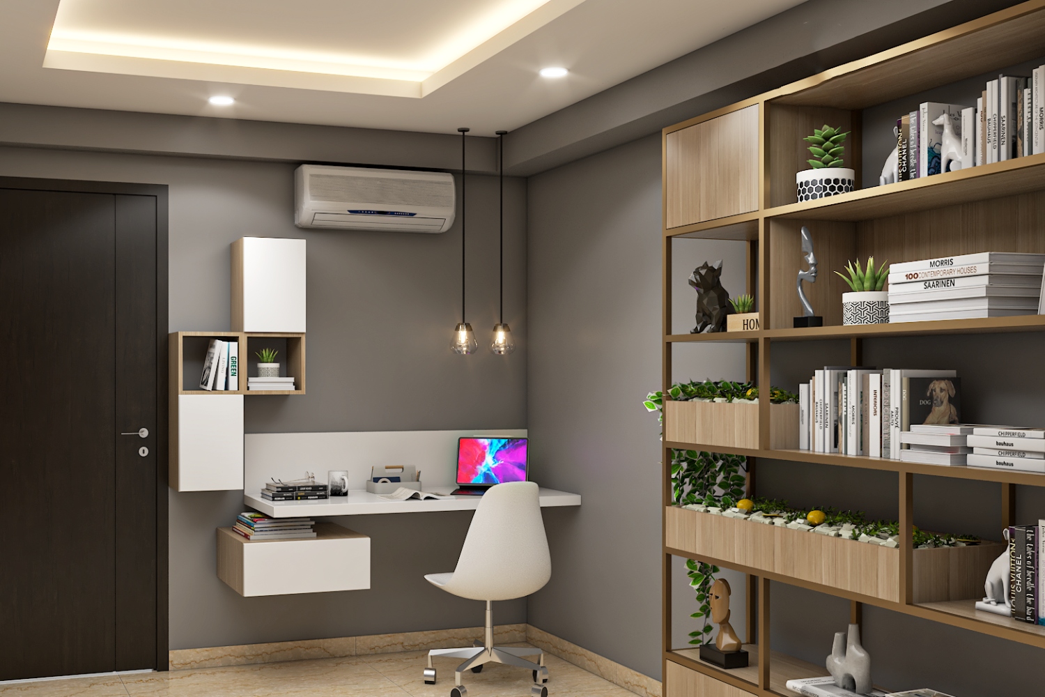 Spacious White And Acacia Study Room Design With Open Storage Unit ...