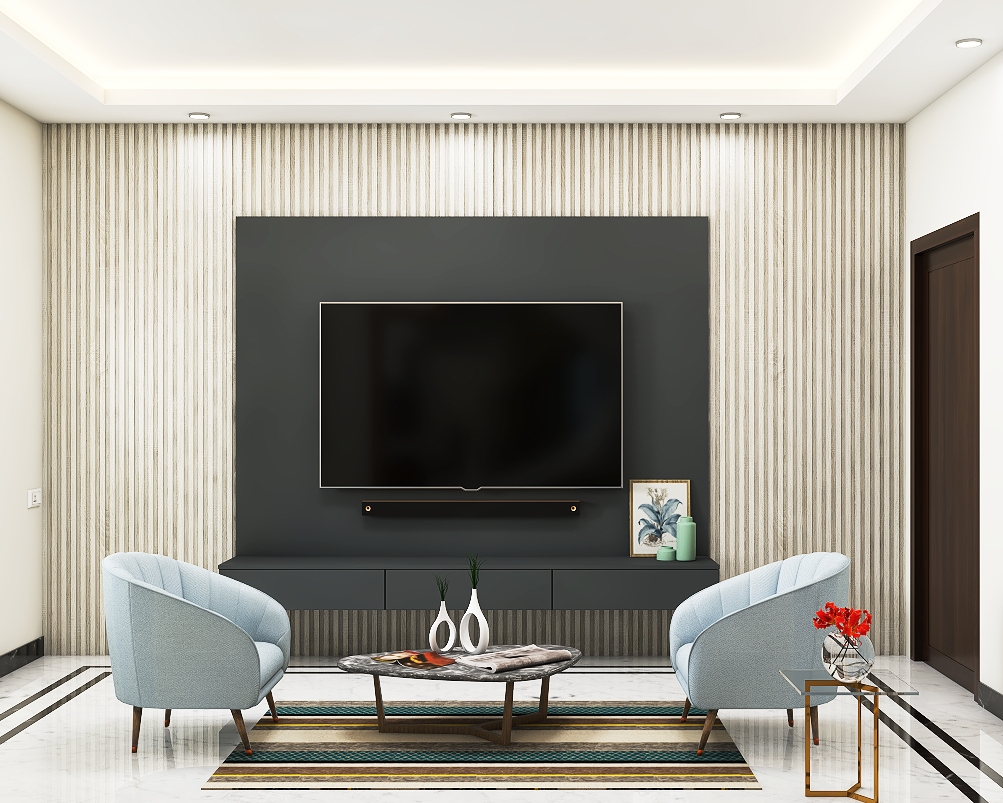 Wall-Mounted Grey TV Unit With A Laminate Finish | Livspace