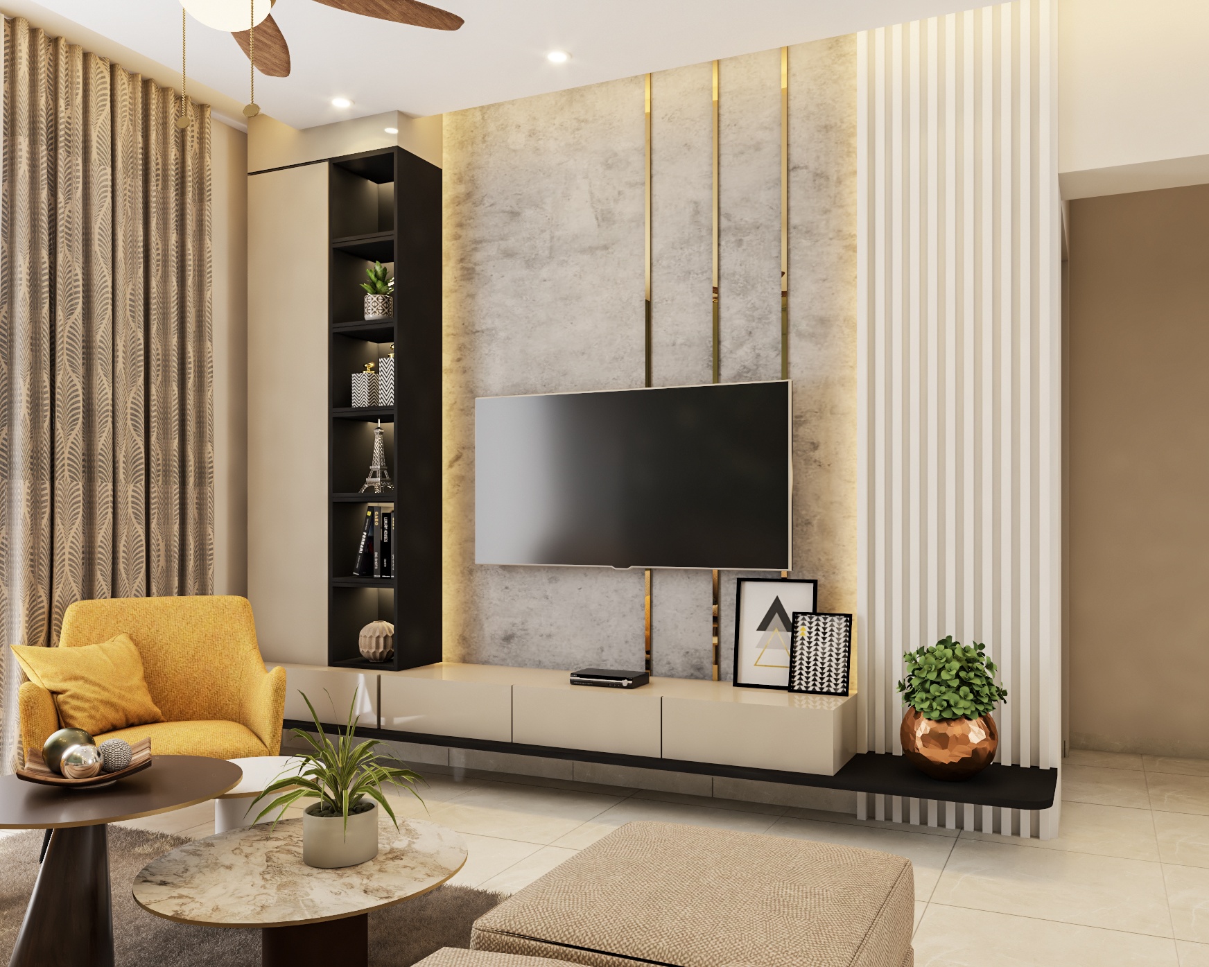 Wall-Mounted TV Cabinet With A Tall Storage Unit | Livspace