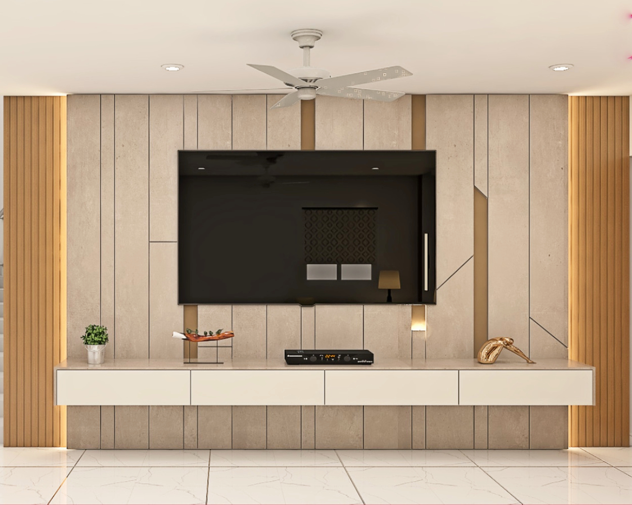 White TV Unit With A Wooden Back Panel | Livspace