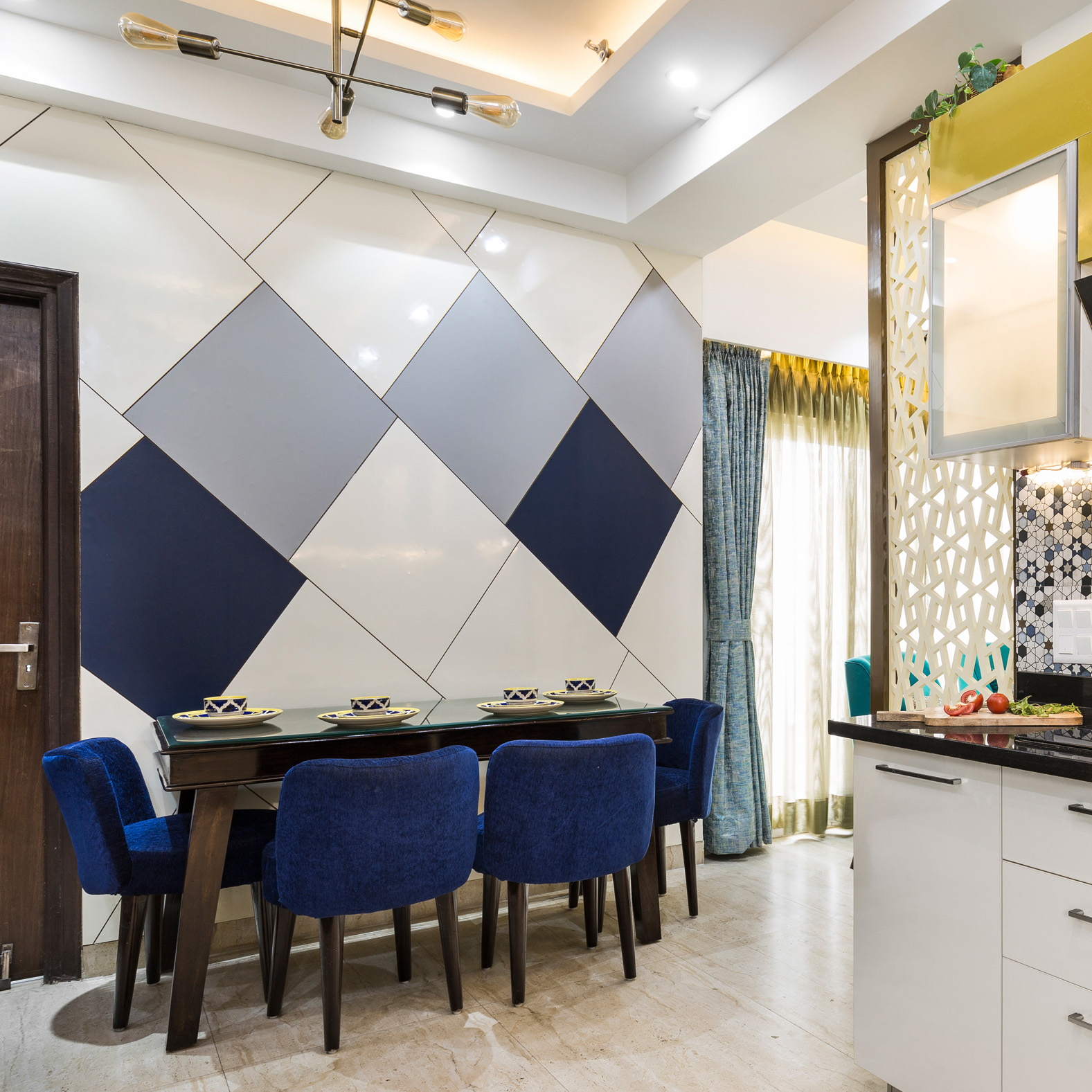 Tri-Coloured Geometric Wall Paint Design | Livspace