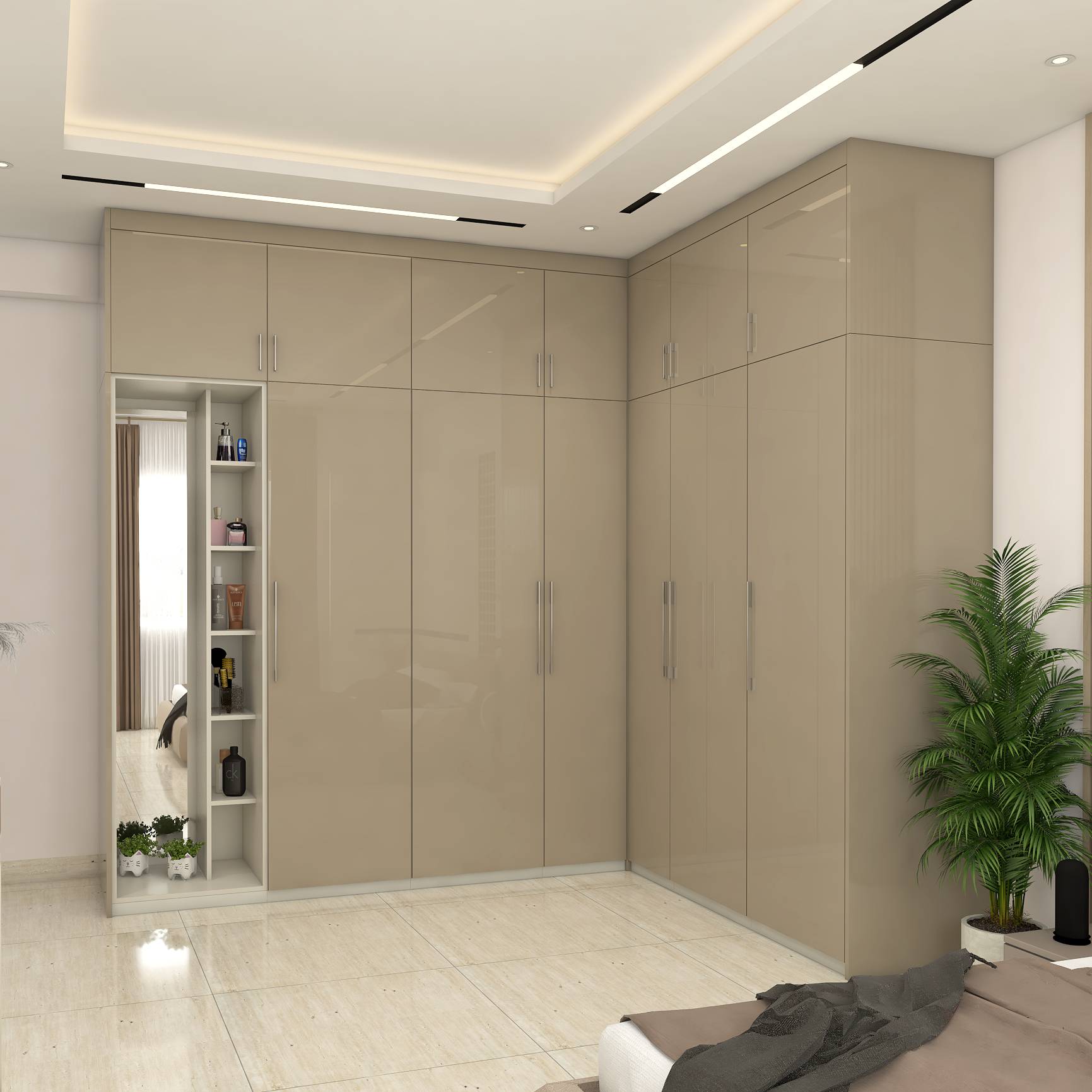 L-Shaped Swing Wardrobe Design With A Glossy Finish | Livspace