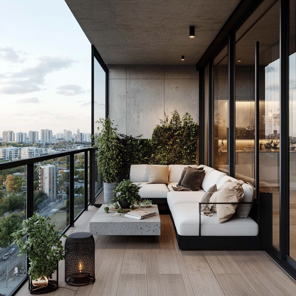 Balcony Design with Modern Vertical Garden, White Sofa, and Black Metal ...