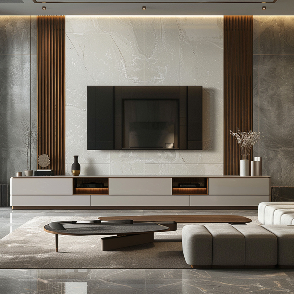 Modern TV Unit Design: Wooden Fluted Panels & Marble Back Panel | Livspace