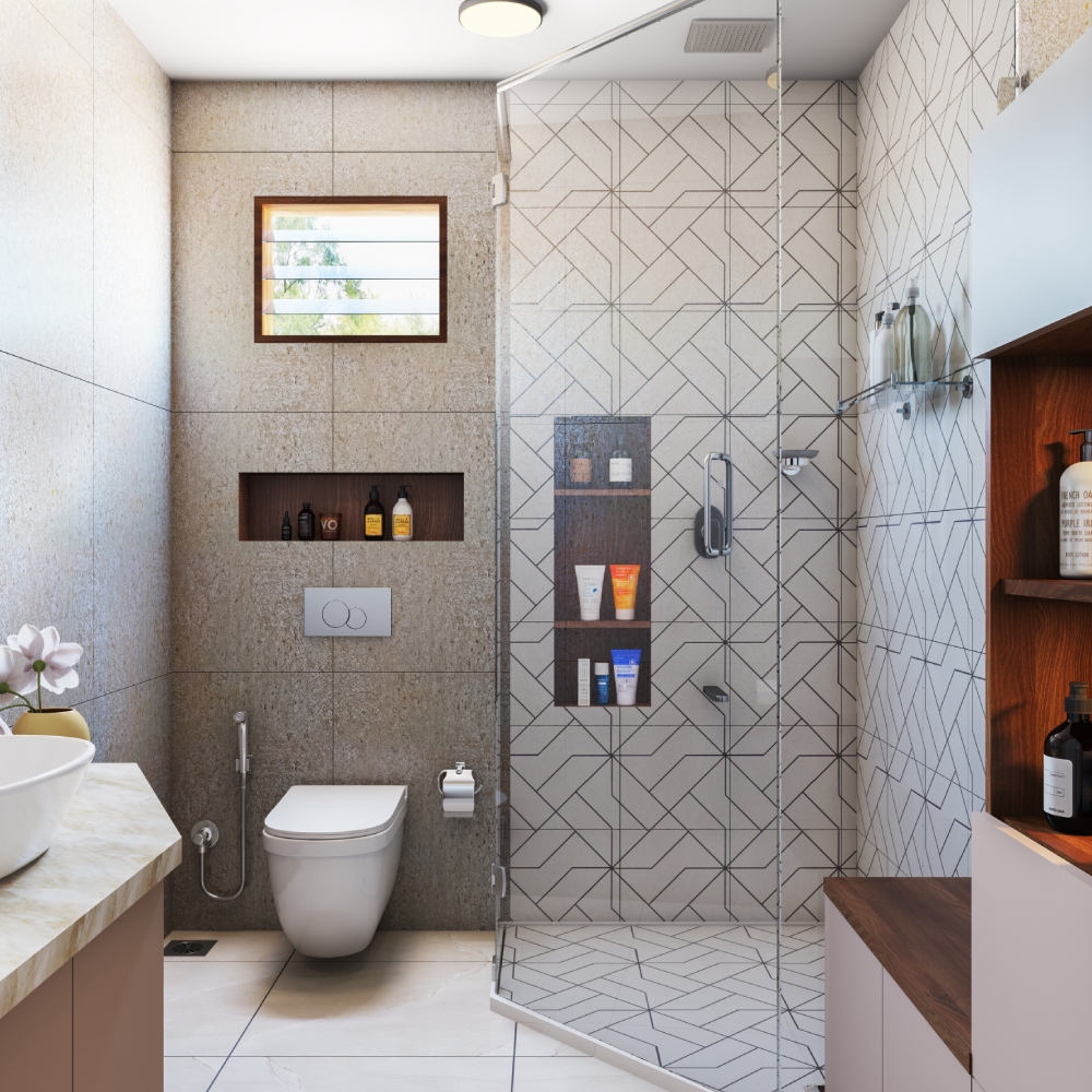 Modern Bathroom Design with Closed Cabinet Vanity Unit and Beige and ...