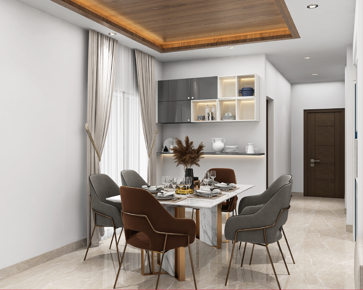 Dining Room Design: Marble Table, Grey-Brown Chairs, Spacious Windows ...