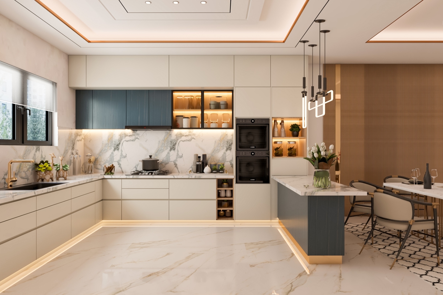 White Dual Double-Layered False Ceiling Design For Kitchens | Livspace