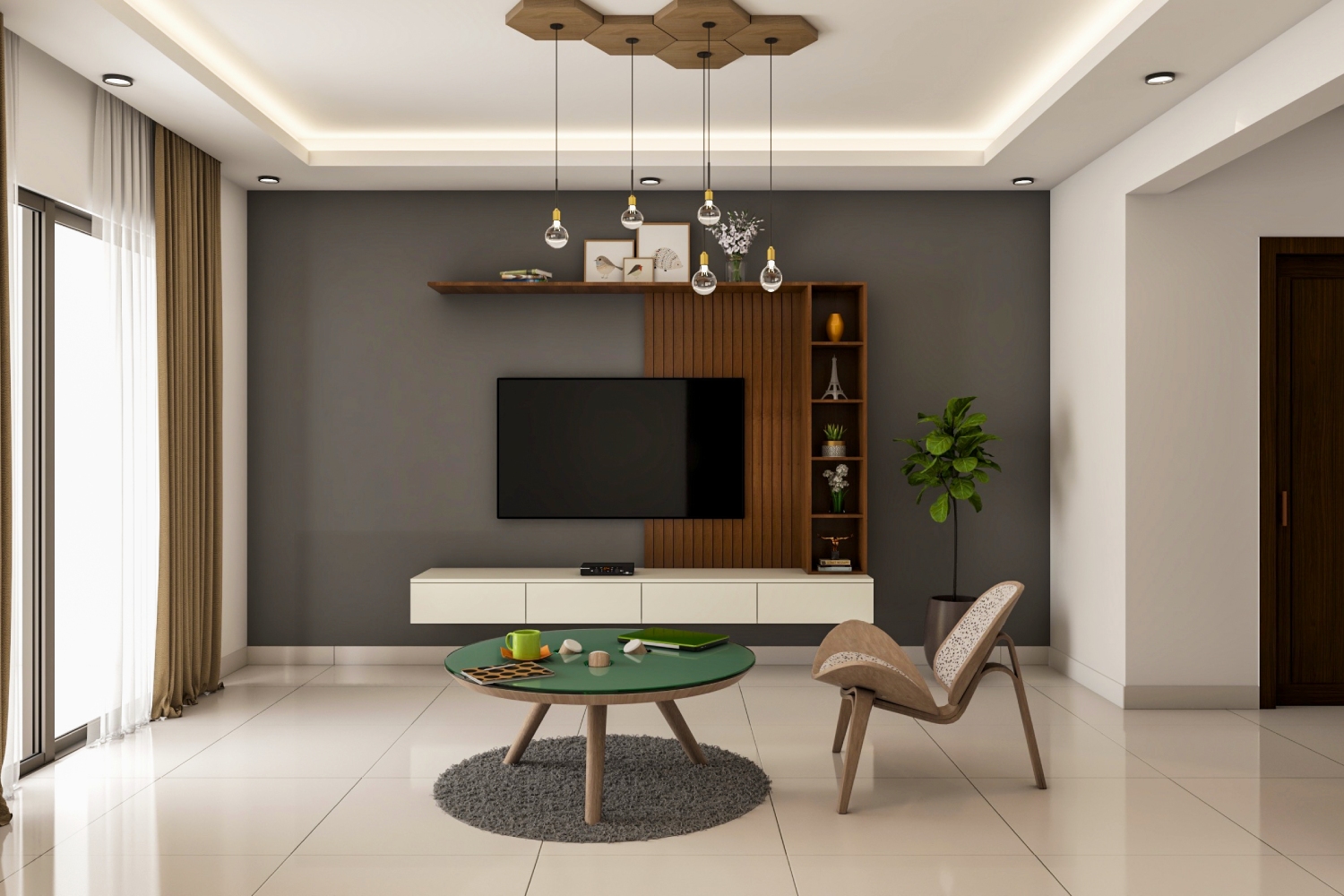 Square Modern Beige Glossy Flooring Design For Living Rooms | Livspace