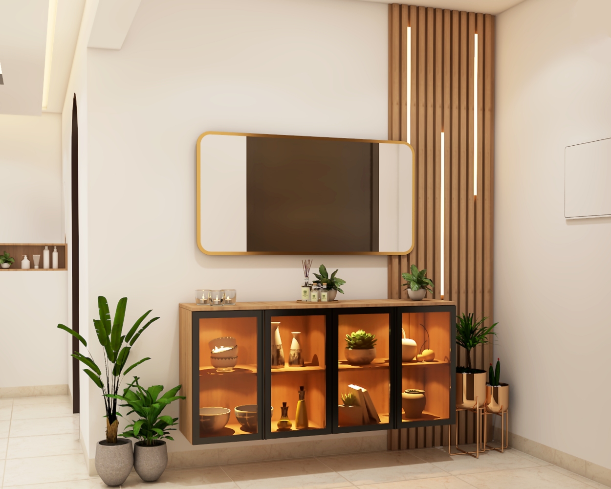 Spacious Foyer Design With Transparent Wooden Unit And Wall-Mounted ...