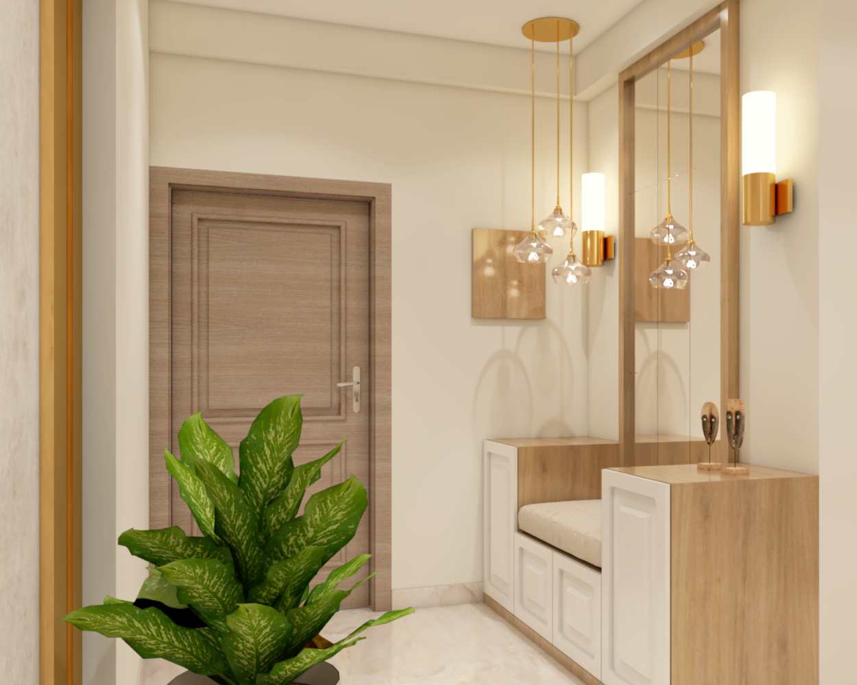 Foyer Design In White And Wood With Seated Storage And Mirror | Livspace