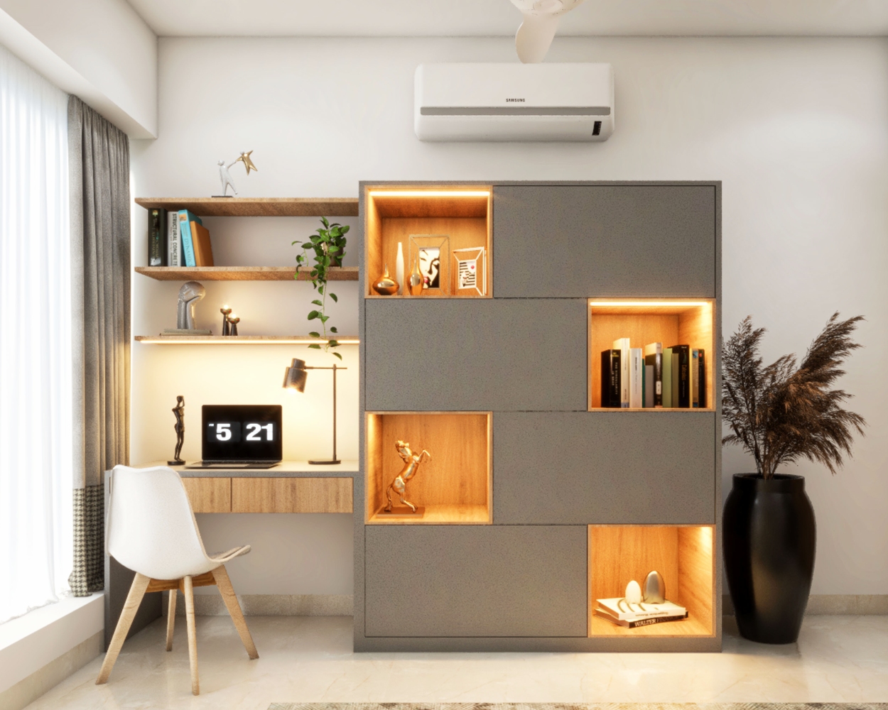 Spacious Home Office Design With Grey And Wood Storage Unit | Livspace