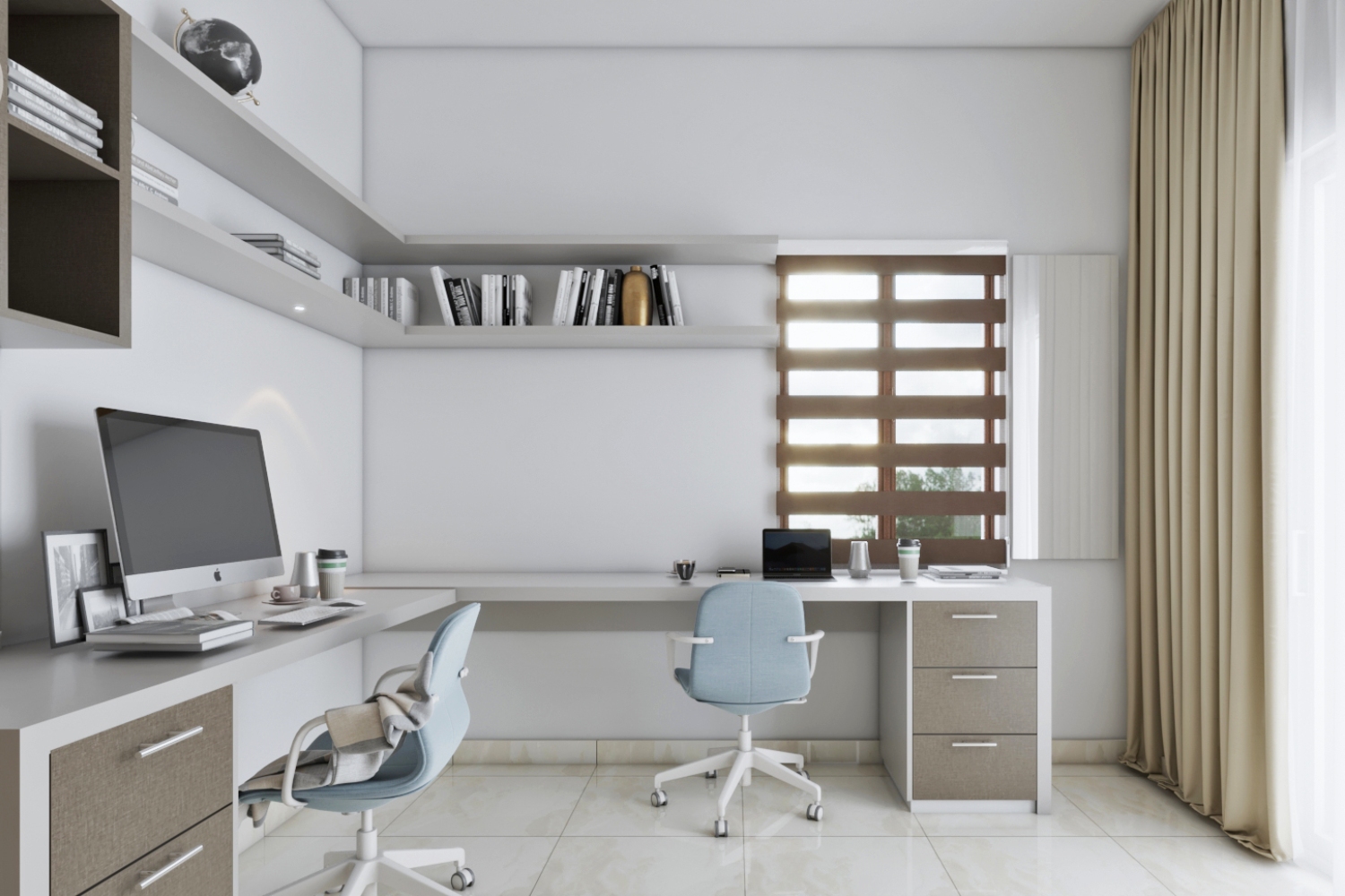 White And Light Wood L-Shaped Home Office Design With Blue Chairs ...