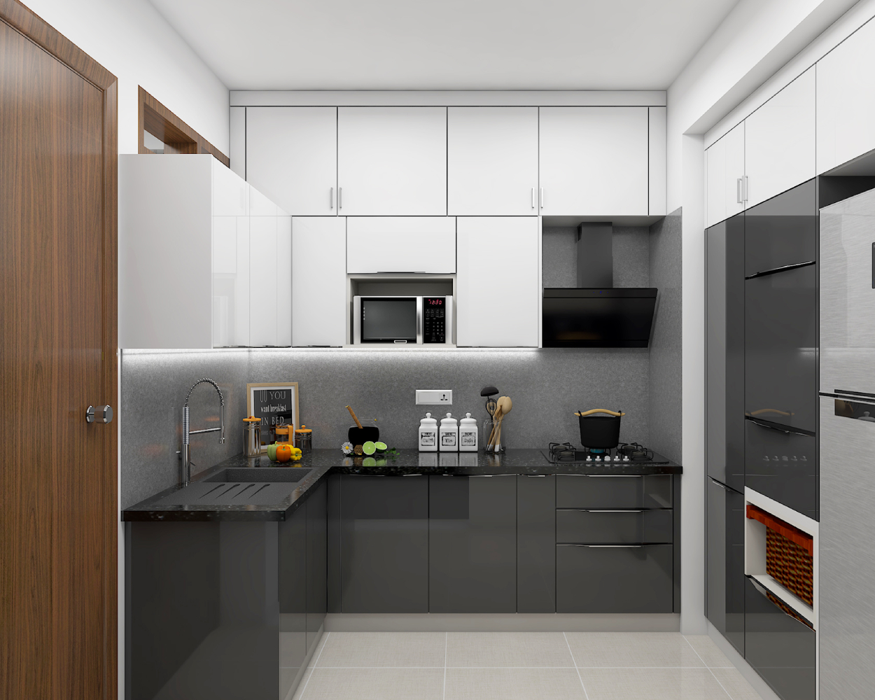 Elegant Modern L-Shape Kitchen Design with Black Granite Countertop ...
