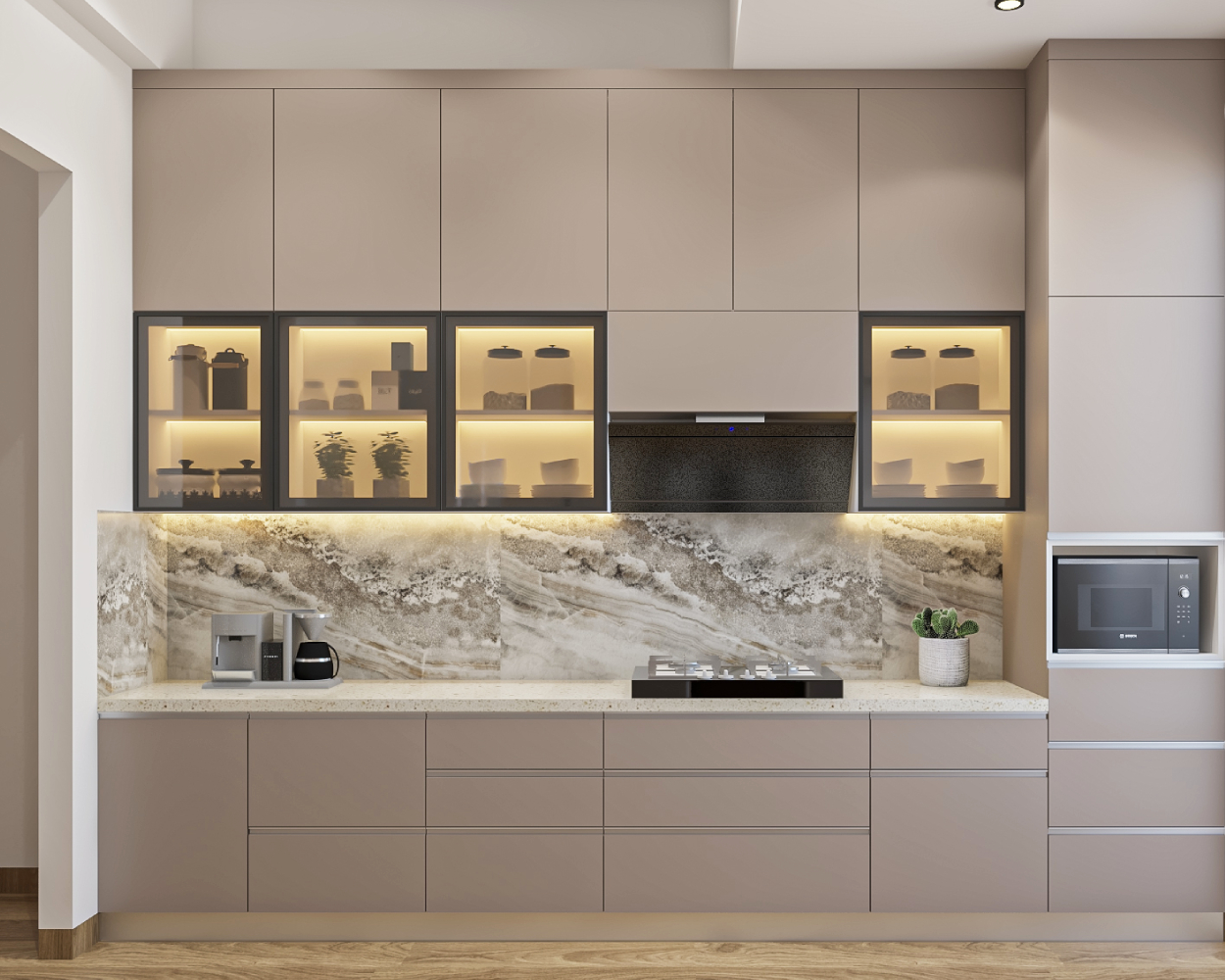 Compact and Contemporary Straight Kitchen Design: Frosty White & Cream ...
