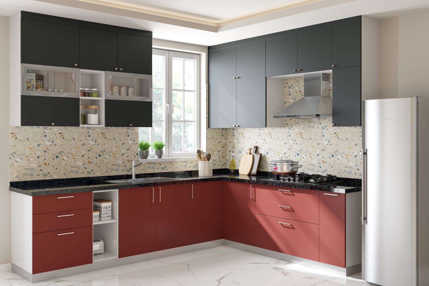 Modern L-Shaped Kitchen Design: Storage Cabinets and Granite Countertop ...