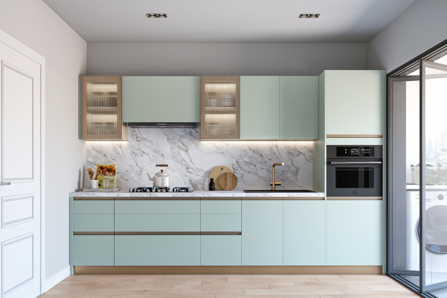 Stylish Straight Kitchen Design: Golden Handles, Marble Countertops ...