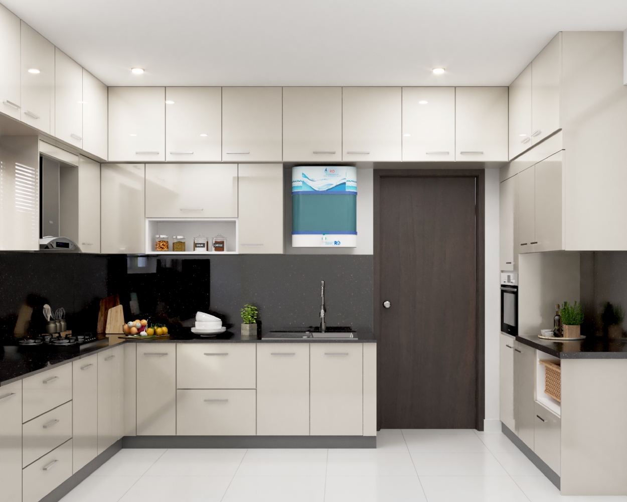 Spacious Modern L-Shape Kitchen Design with Champagne Finish | Livspace