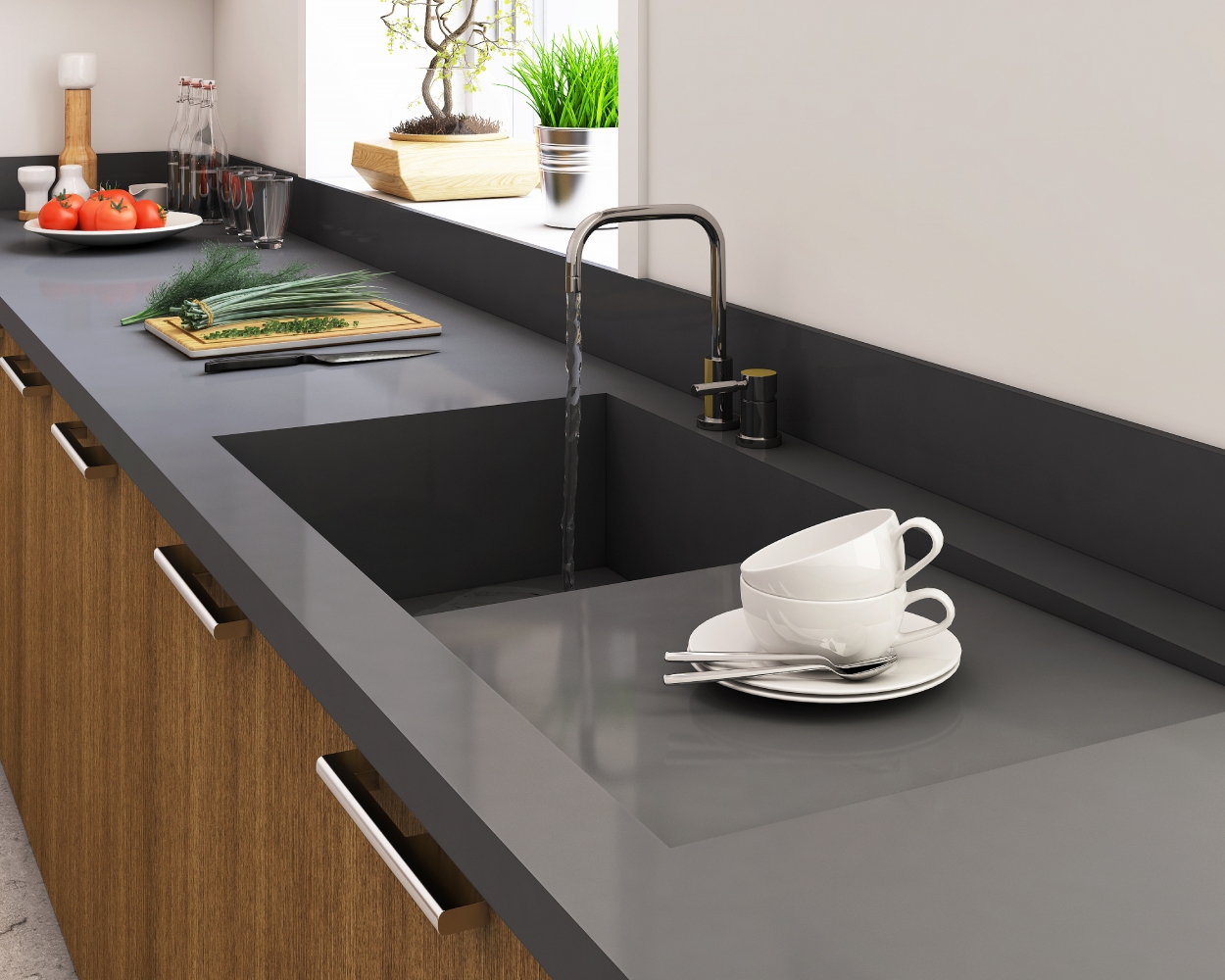 Integrated Kitchen Sink Design in Black Quartz with Single Bowl Feature ...