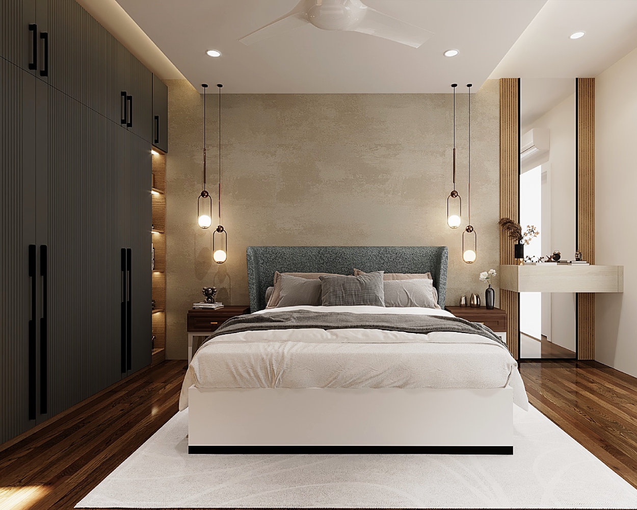 Stylish Modern Master Bedroom Design: King Bed, Cream Wallpaper, and ...