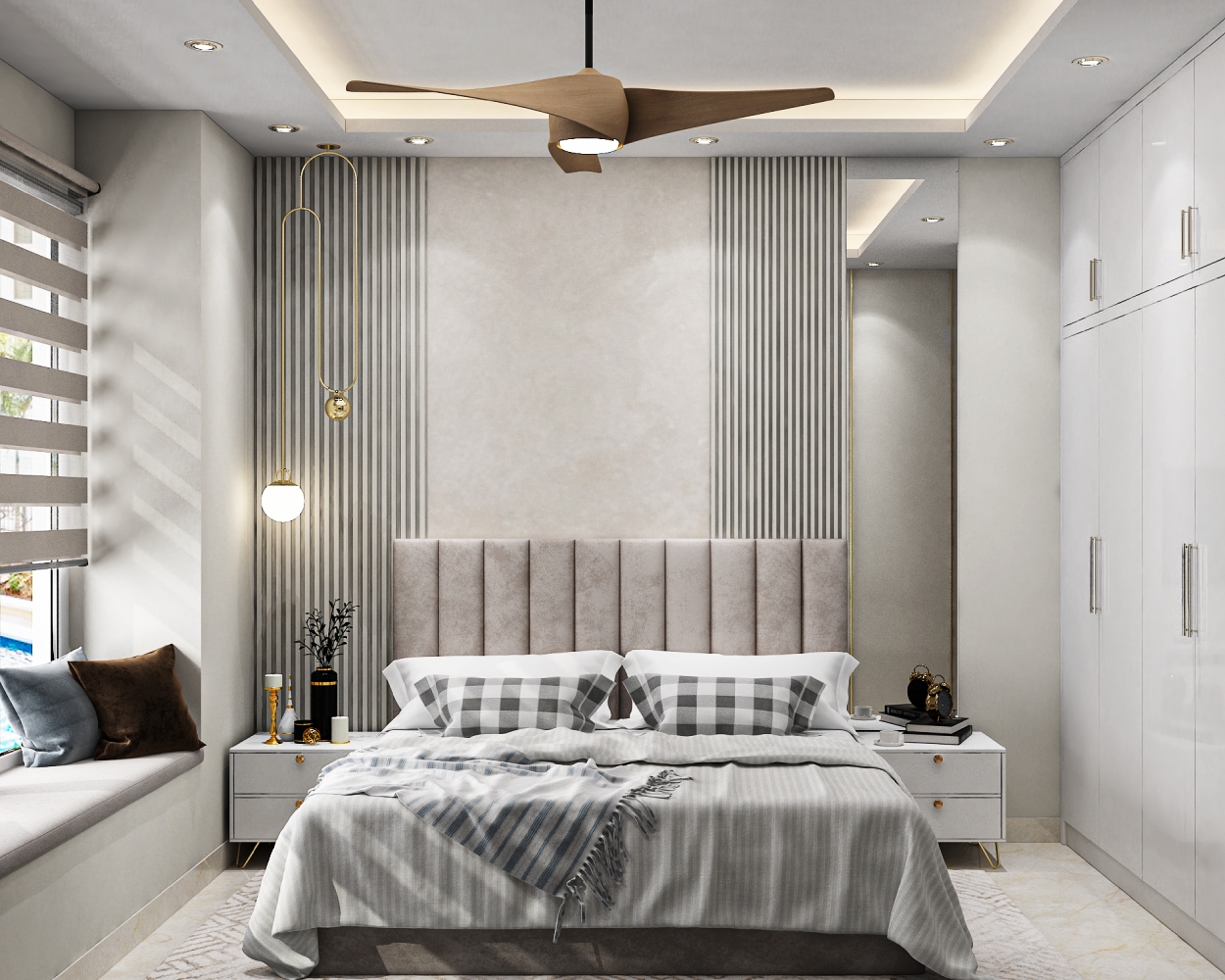 Spacious Modern Master Bedroom Design with Tufted Headboard and Fluted ...