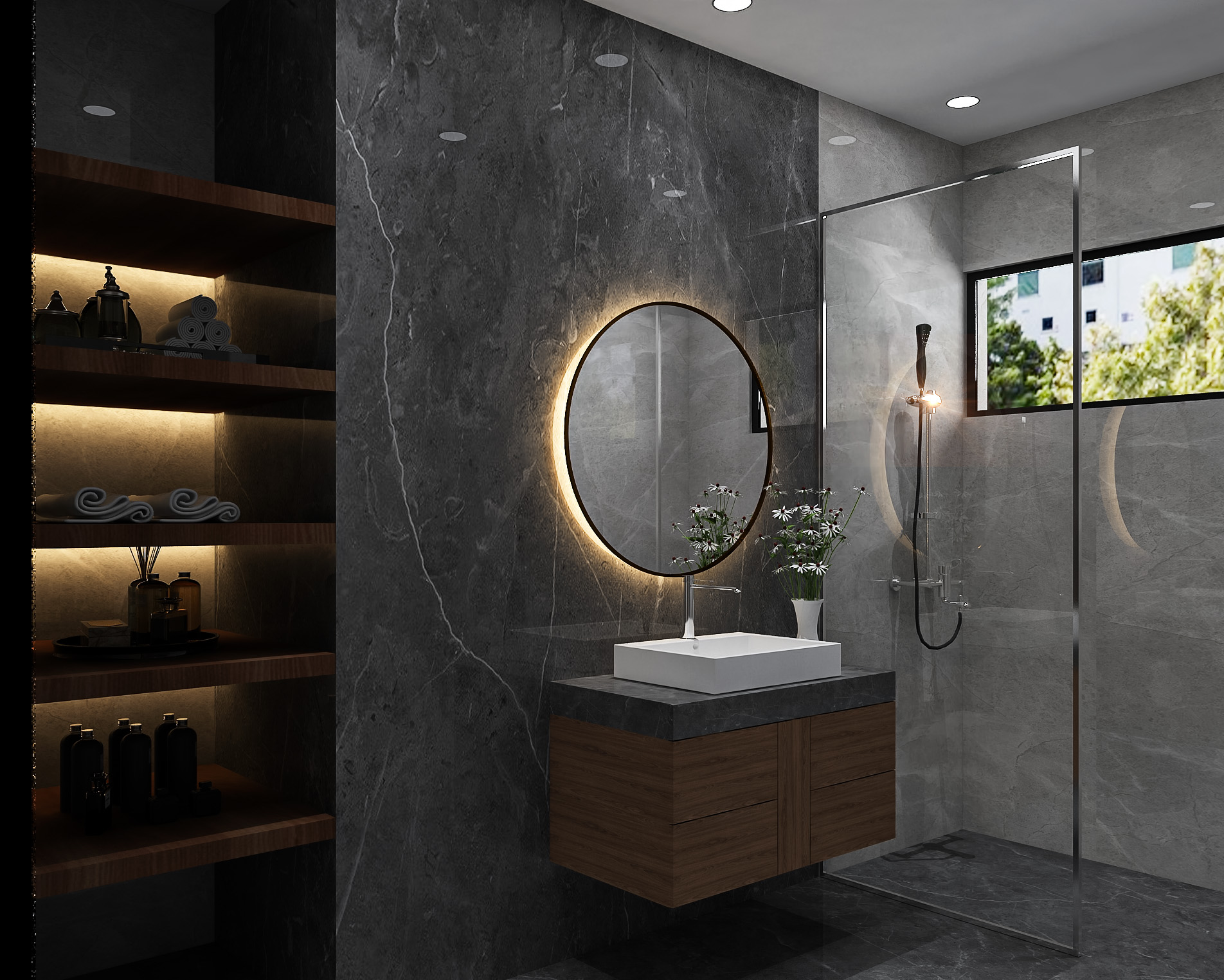 Contemporary Bathroom Design with Backlit Mirror, Vanity and Glass ...