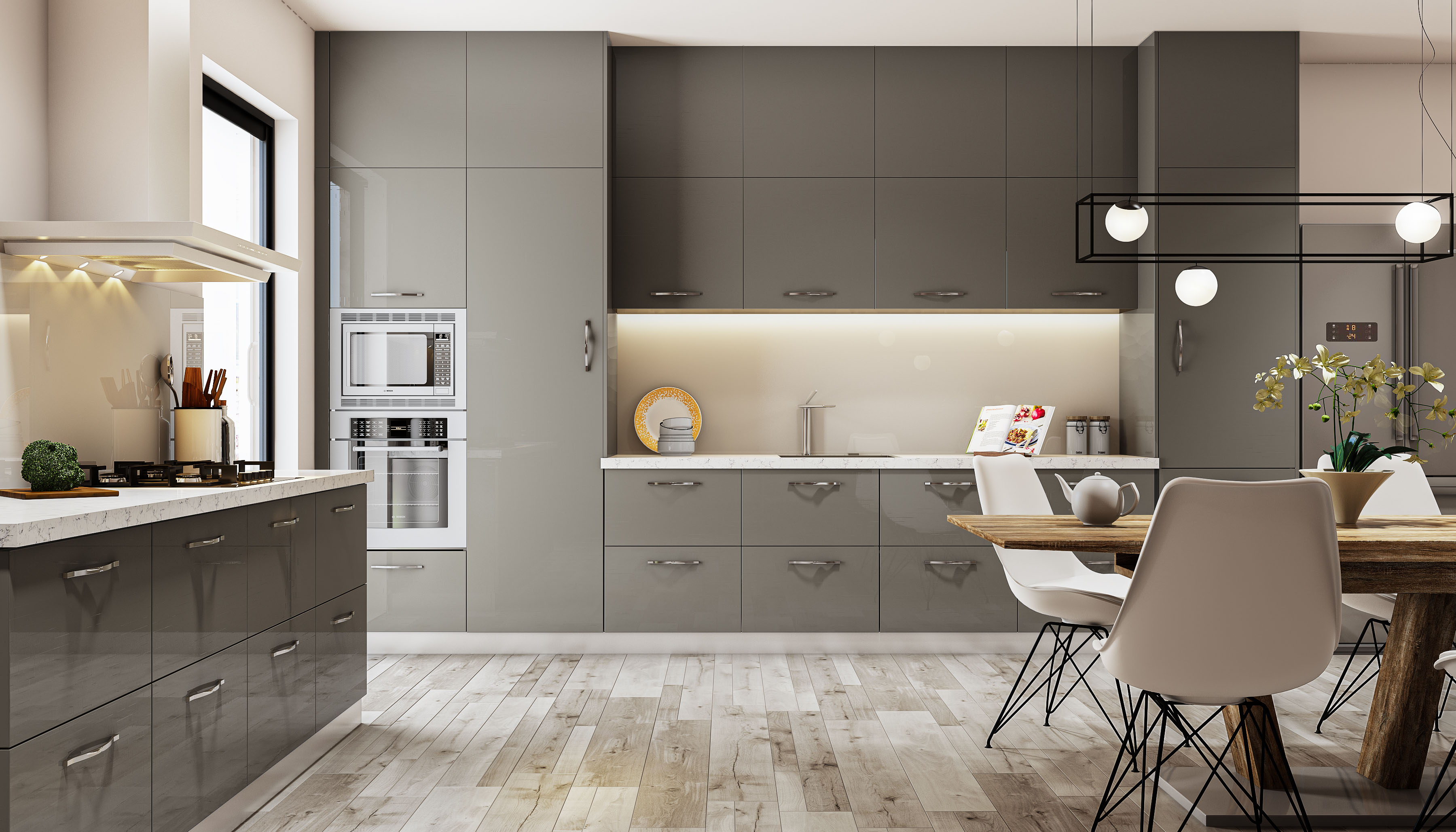 Silver Accents: Contemporary Open Kitchen Design With Cabinets and ...