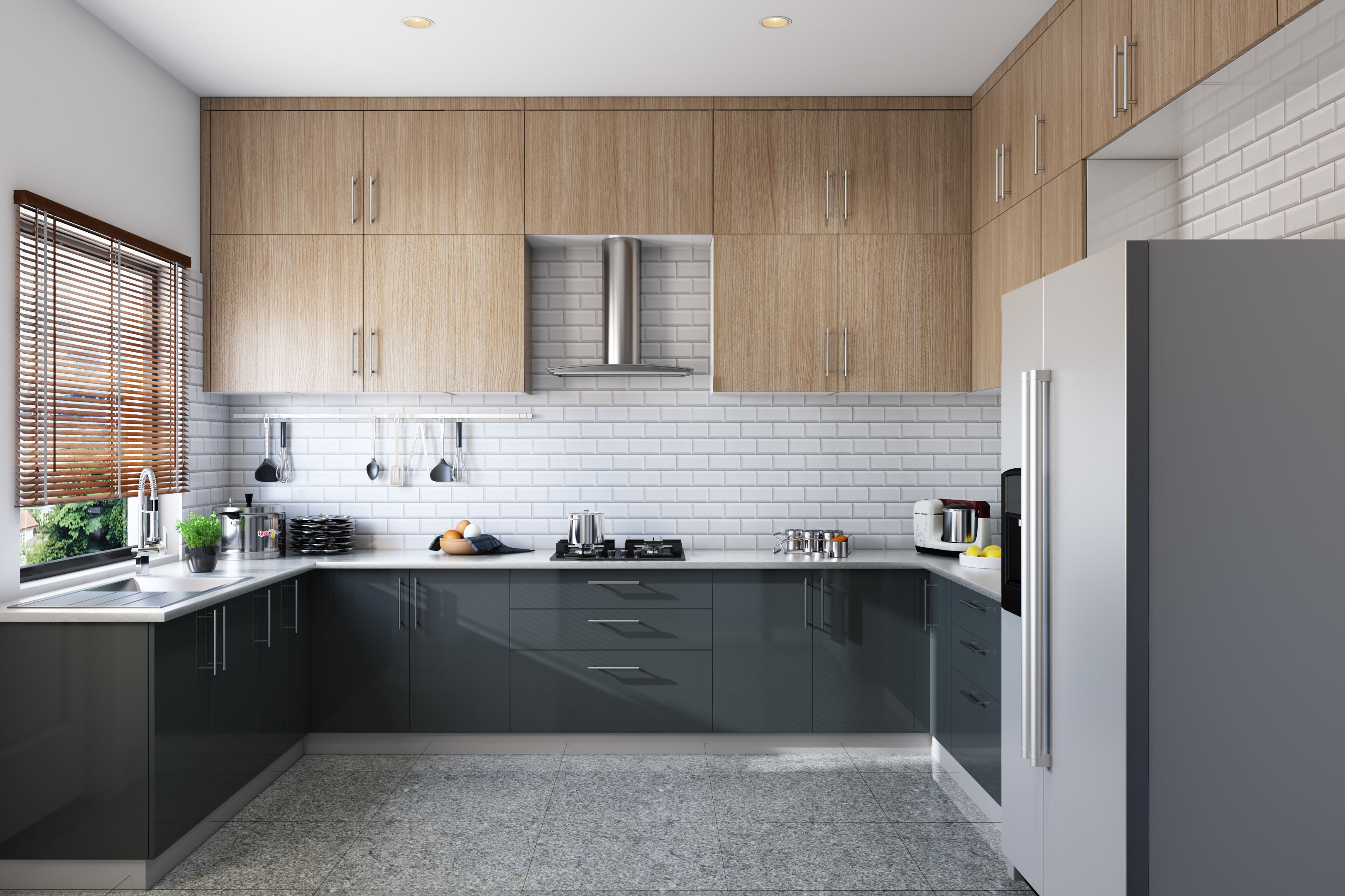 Contemporary U-Shaped Kitchen Design With Cabinets and Backsplash ...