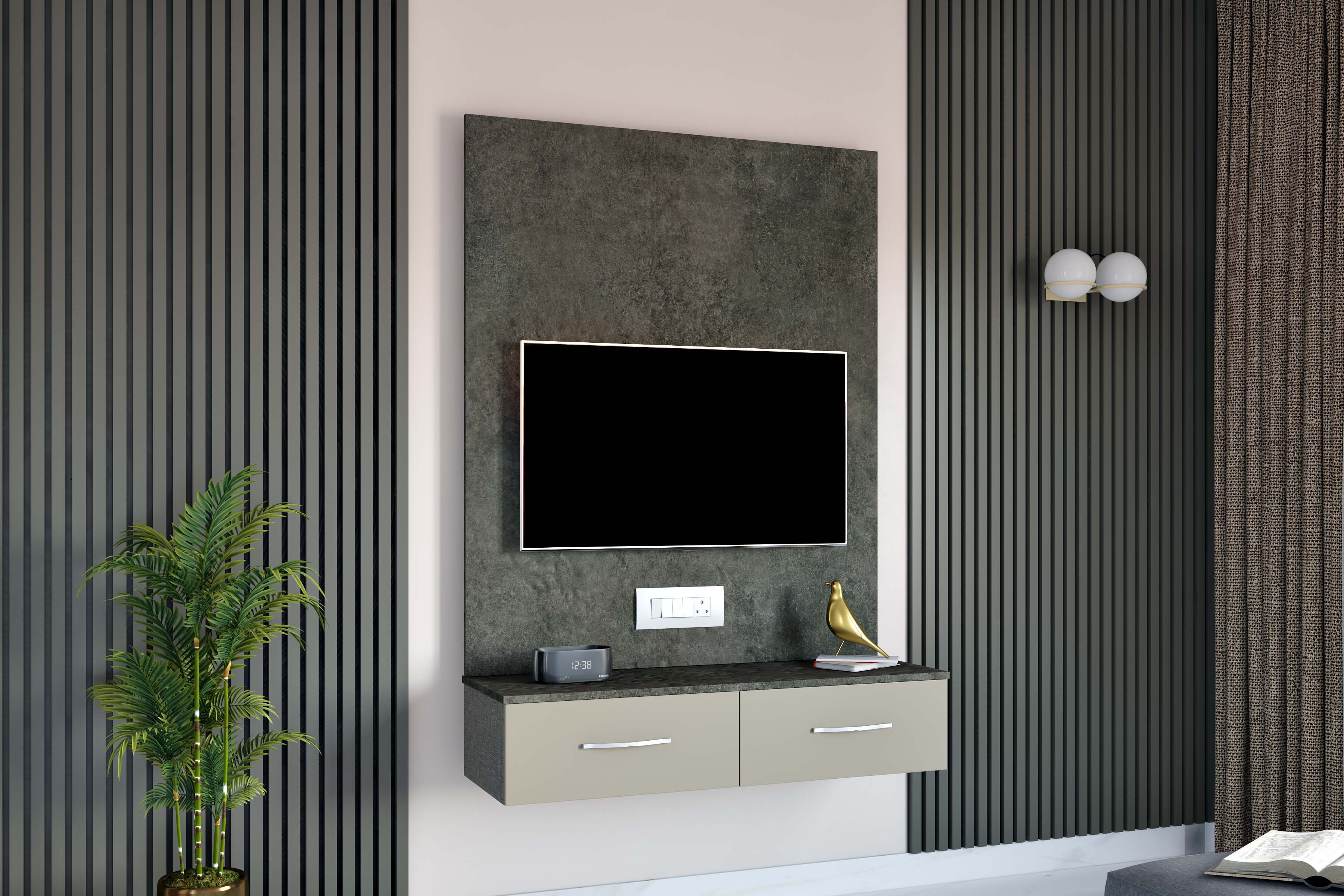 Customizable Dove Grey TV Unit Design With Wall Mounted Drawer Unit ...