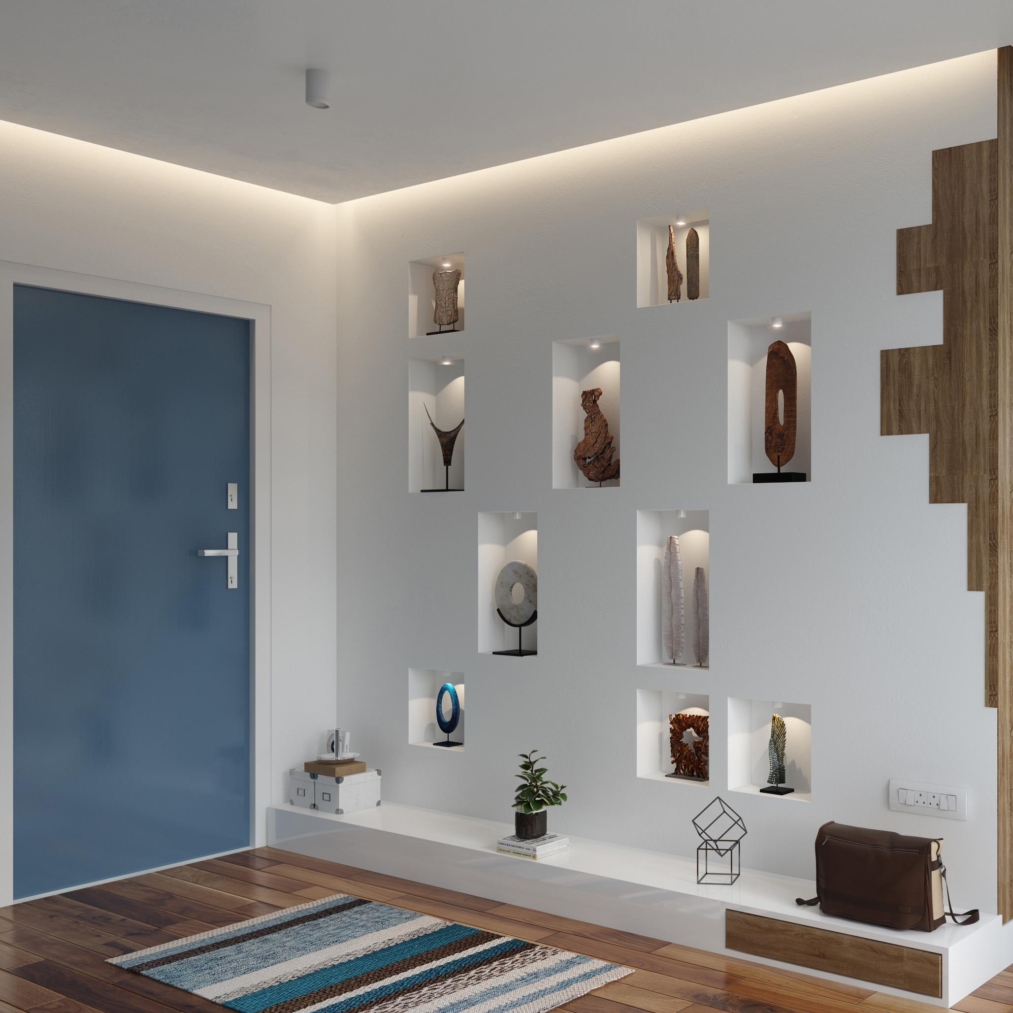 Modern Foyer Design: Frosty White High-Gloss Storage & Display Niches | Livspace