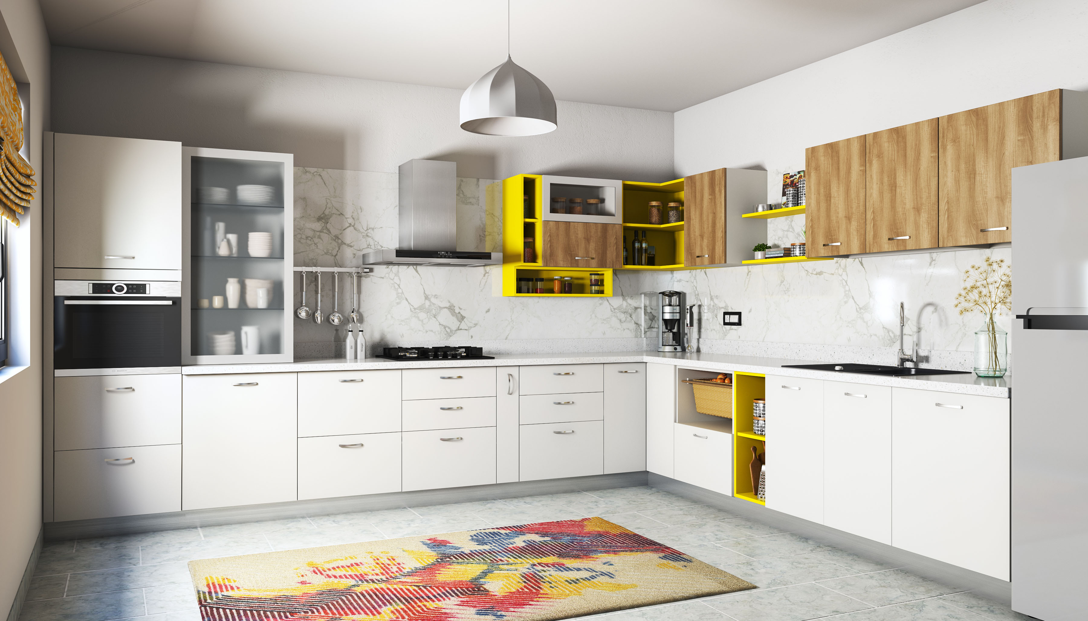 Spacious L-Shape Kitchen Design With White And Wooden Laminates | Livspace