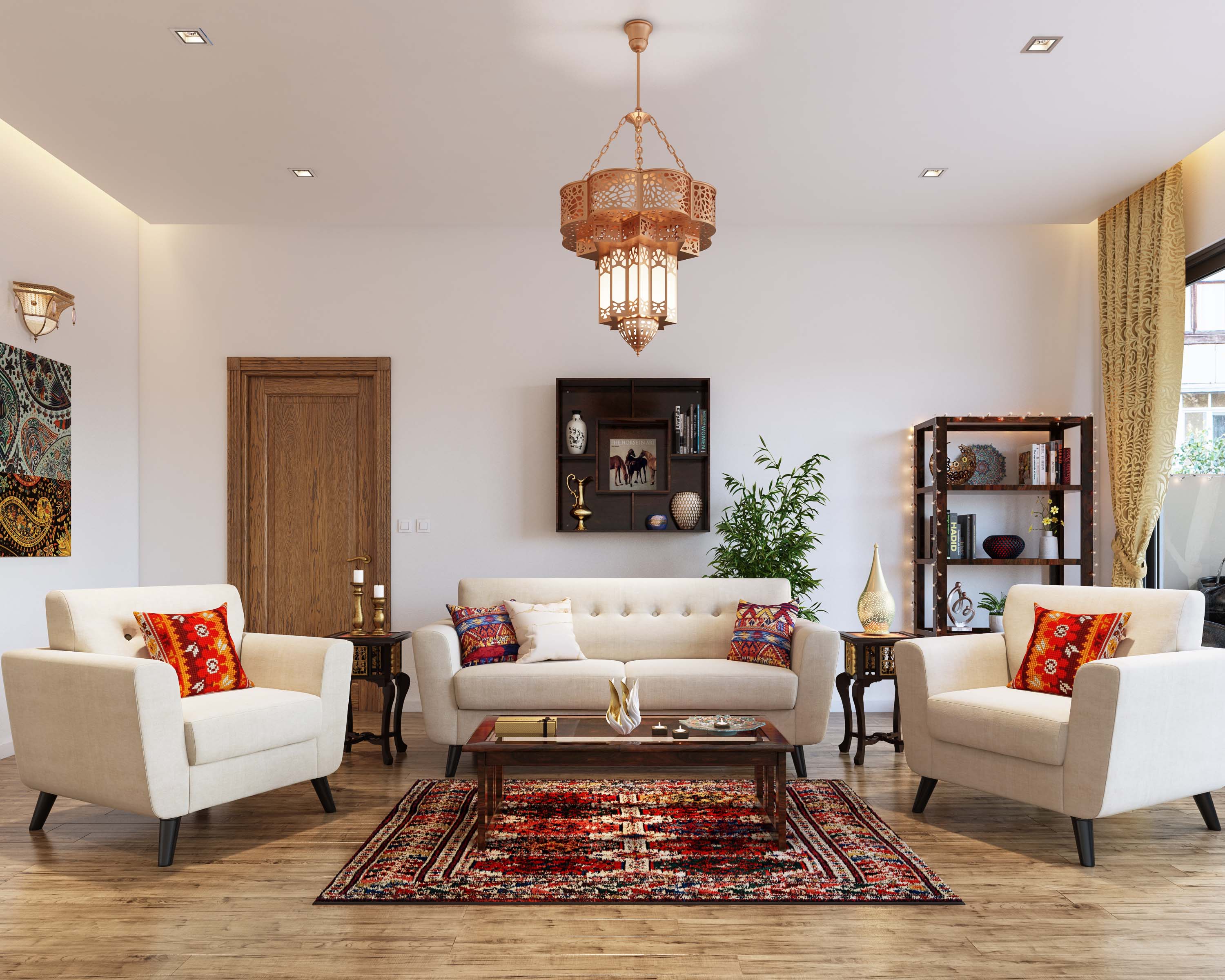 Cozy Modern Living Room Design: Cream Sofa & Storage Units | Livspace