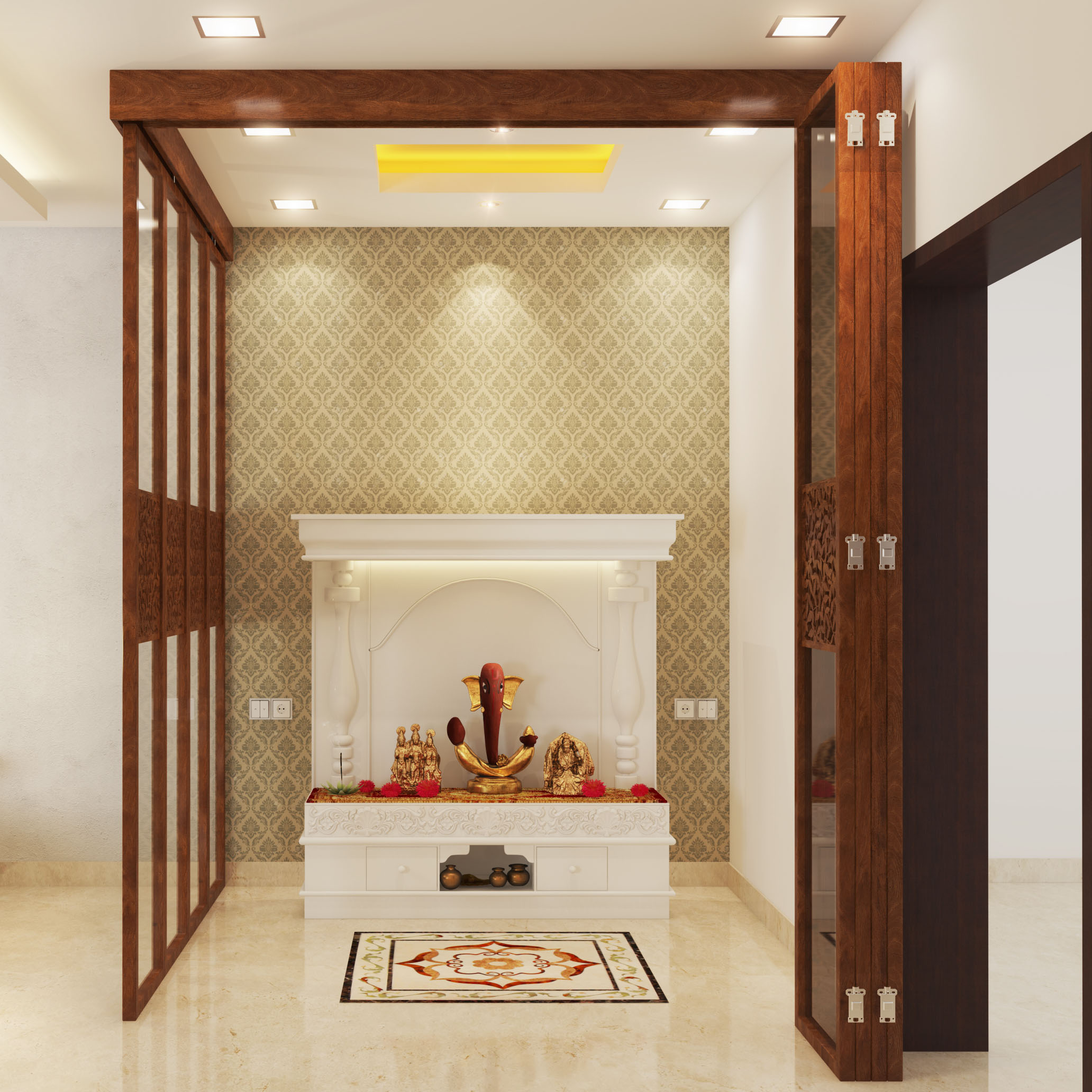 Pooja Room Design With Beige Damask Wallpaper And White Unit | Livspace