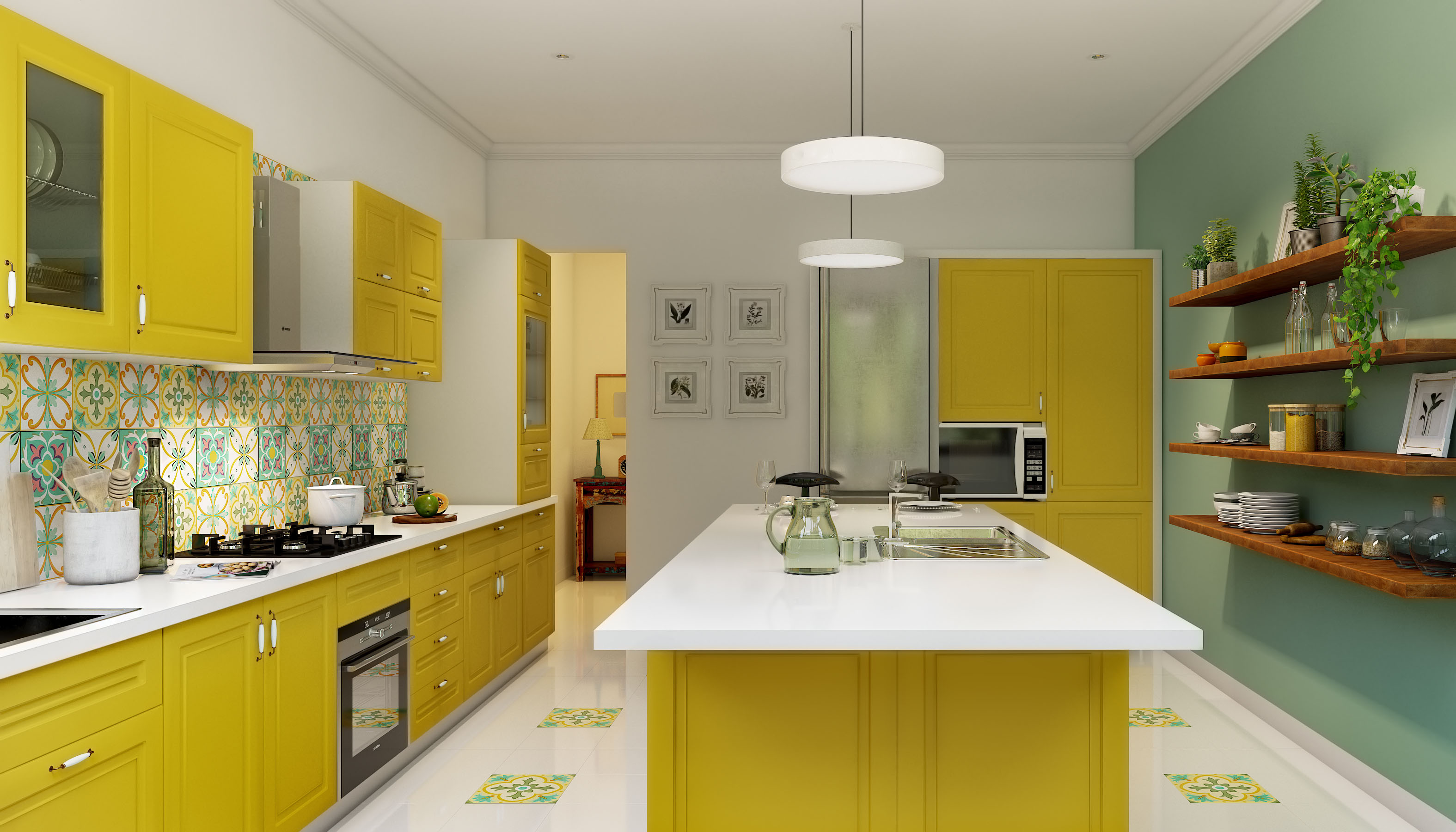 Square Matte Multicoloured Moroccan Tiles With Yellow Kitchen Cabinets ...
