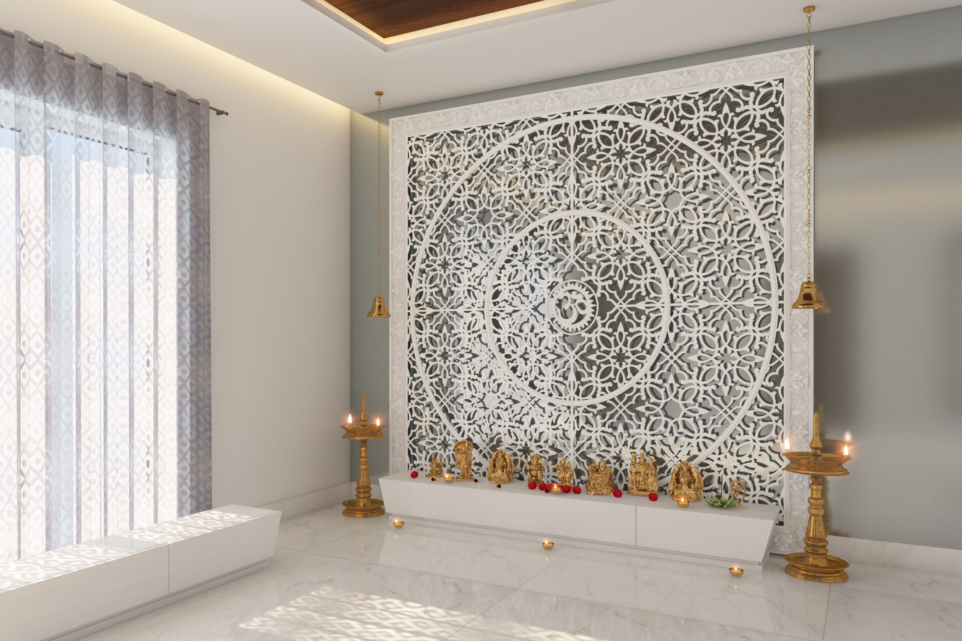 White CNC-Cut Jali Pooja Room Wall Design | Livspace