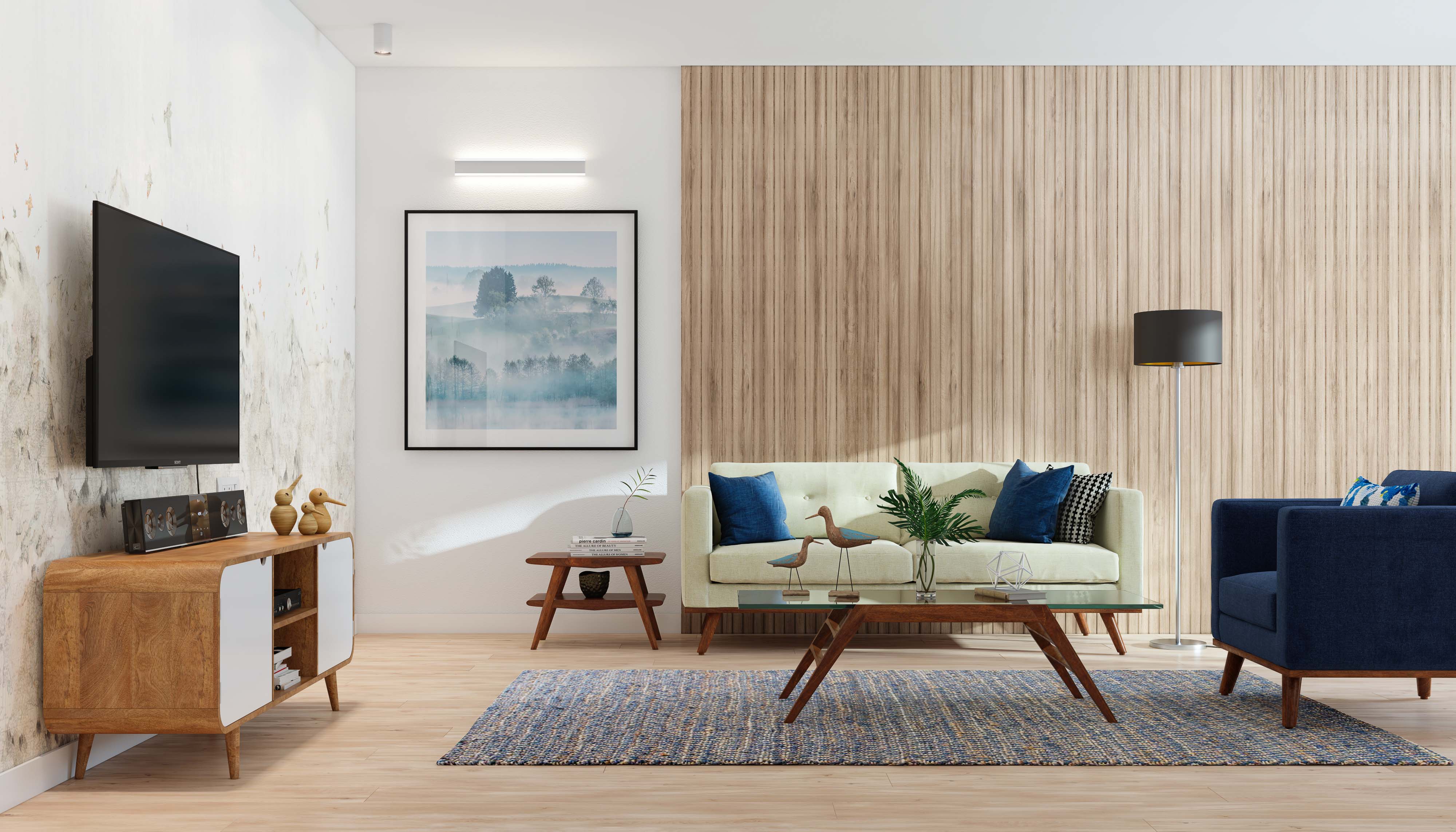 Vertical Wooden Panelling In Light Brown For Living Room Wall Design ...