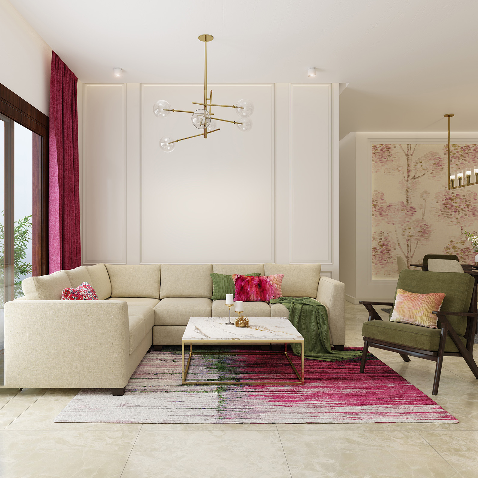 Classy White Paint With Wall Trims Living Room Wall Design | Livspace