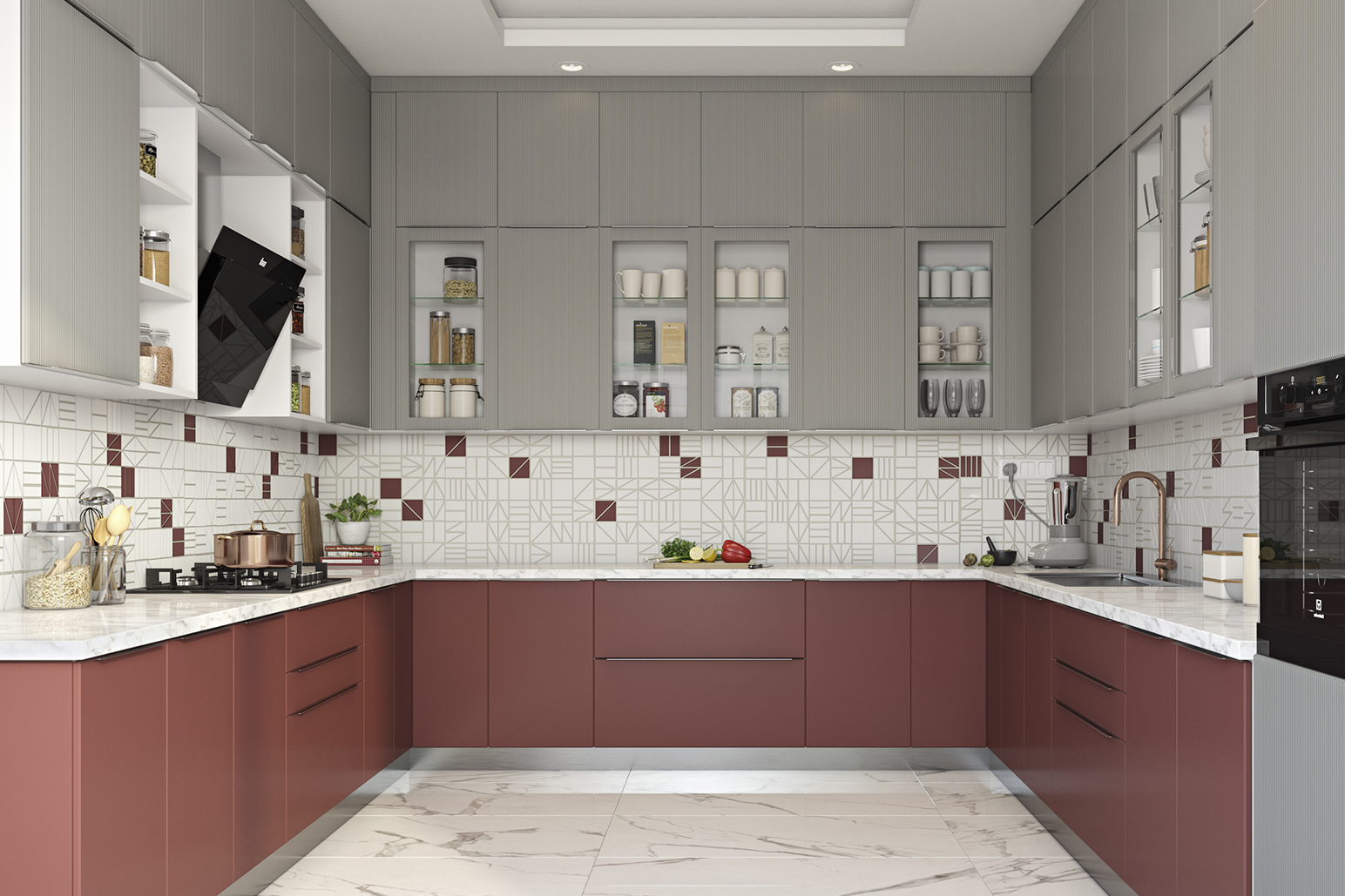 Maroon And White Matte-Finish Ceramic Kitchen Tiles | Livspace