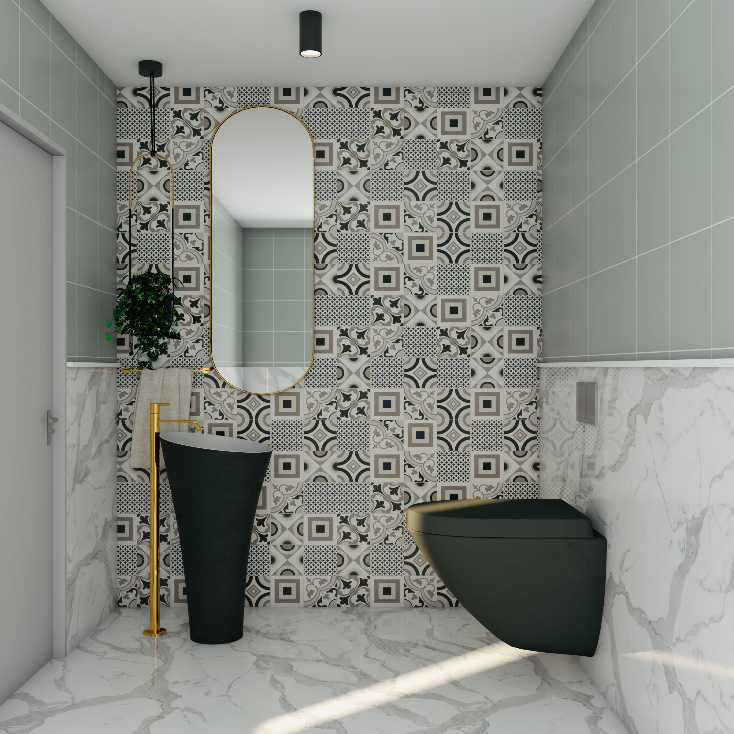 Black And Grey Bathroom Tile Design With Moroccan Pattern | Livspace