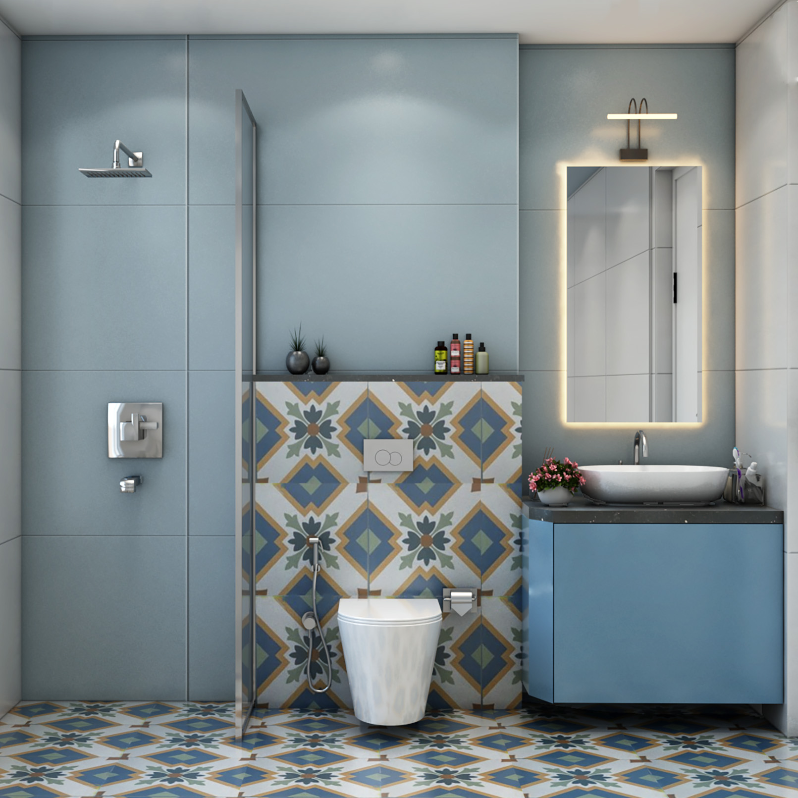 Ceramic Matte Multicoloured Bathroom Tile Design With Blue Rectangular ...
