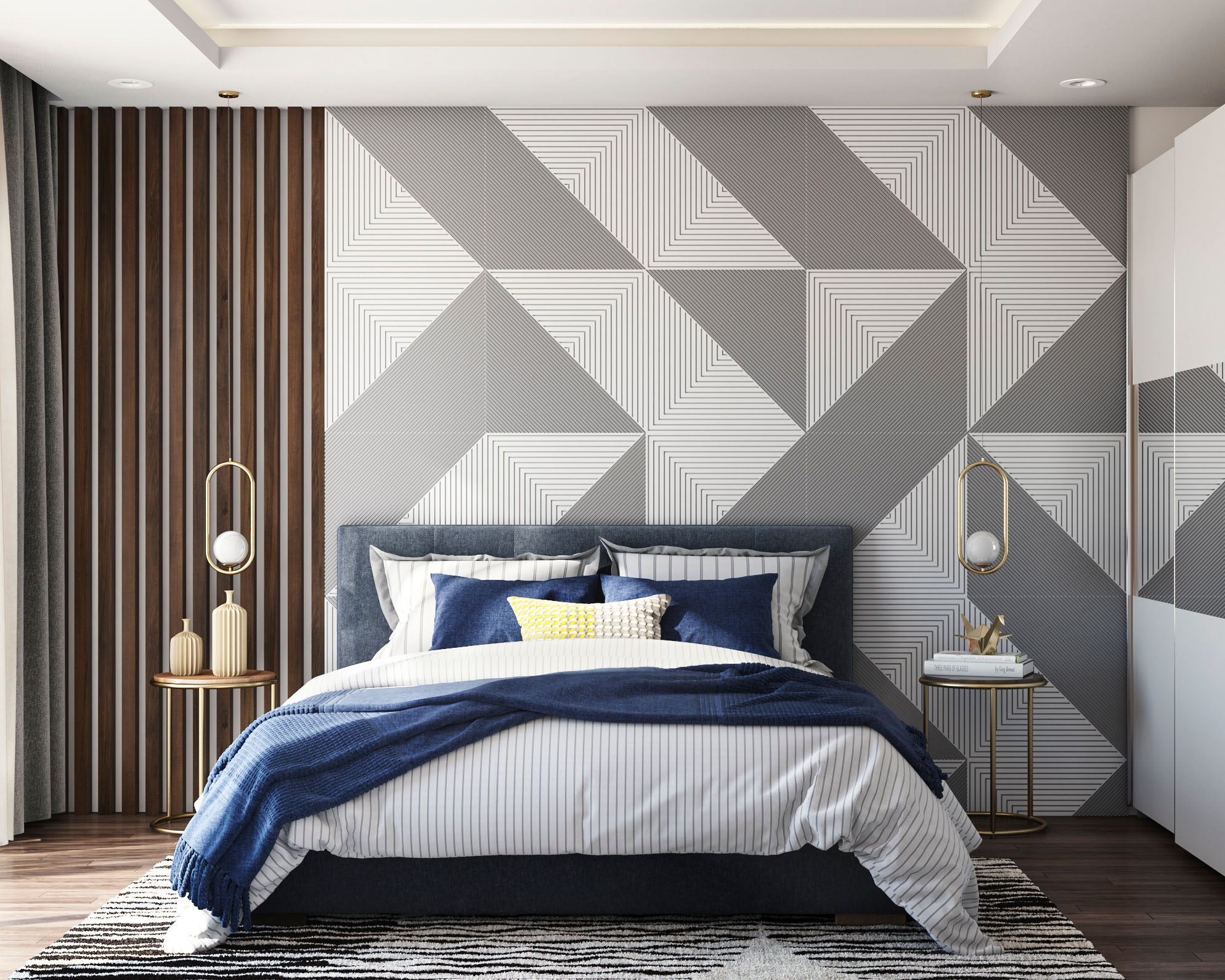 White-Grey Wall Design With Geometric Wallpaper And Wooden Wall ...