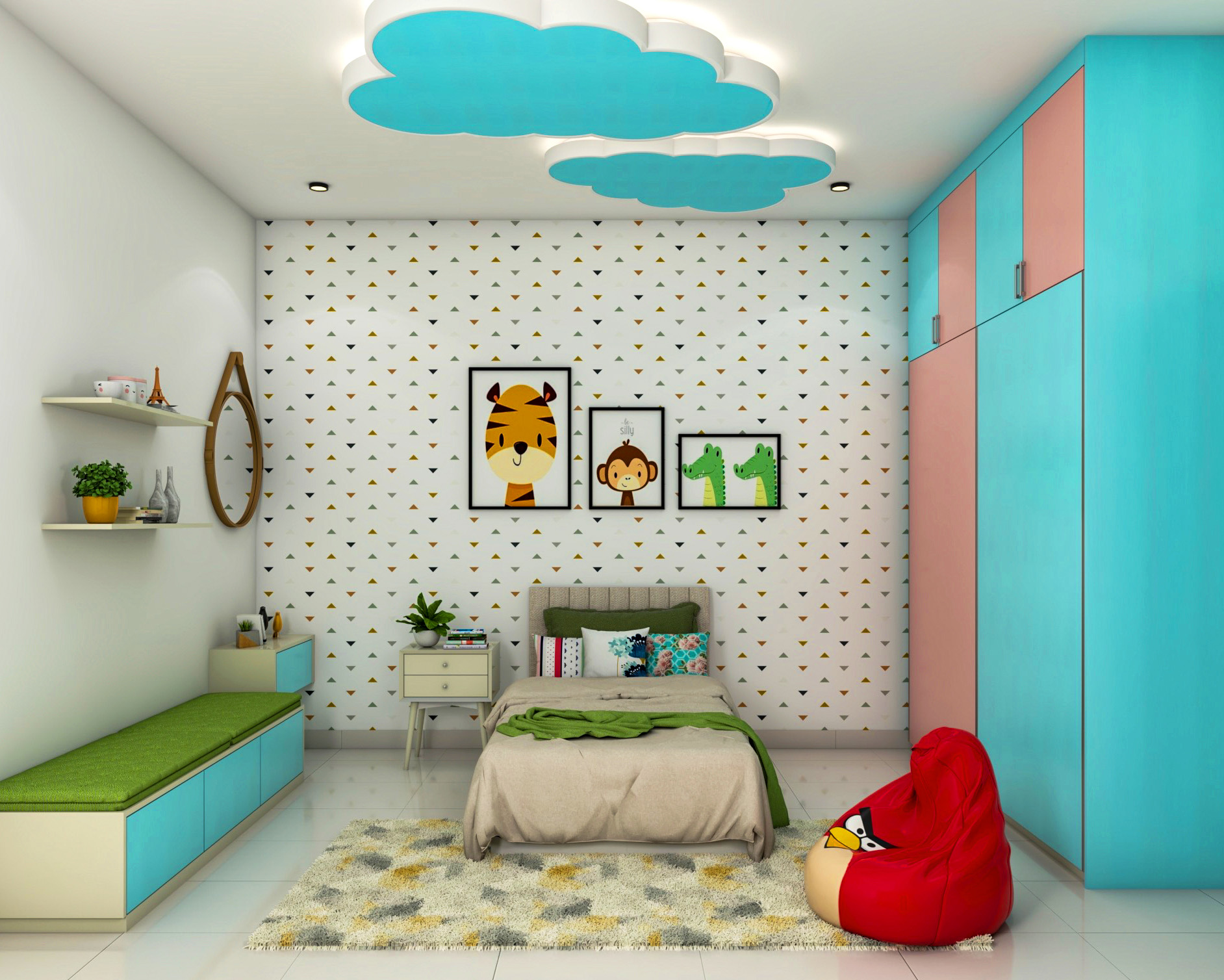 Modern White Geometric Wallpaper with Multicolored Motifs for Kids ...