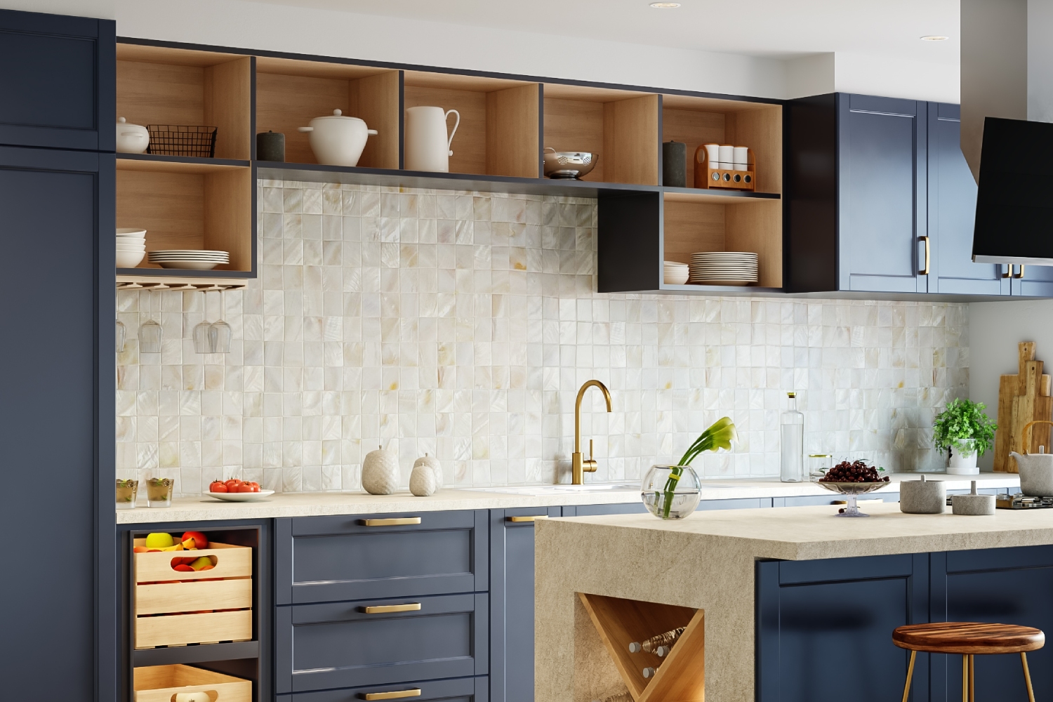 Cream-Toned Stone Kitchen Backsplash With Semi-Glossy Finish | Livspace