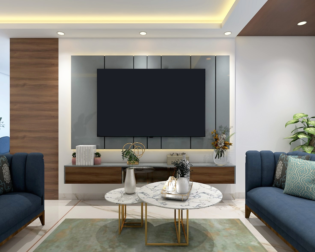 Grey And Wood Contemporary TV Unit Design With Glossy Wall Panelling ...