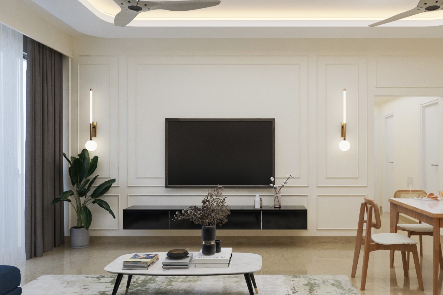 Contemporary TV Unit Design with Wall Mounted Drawer and Wall Trims ...