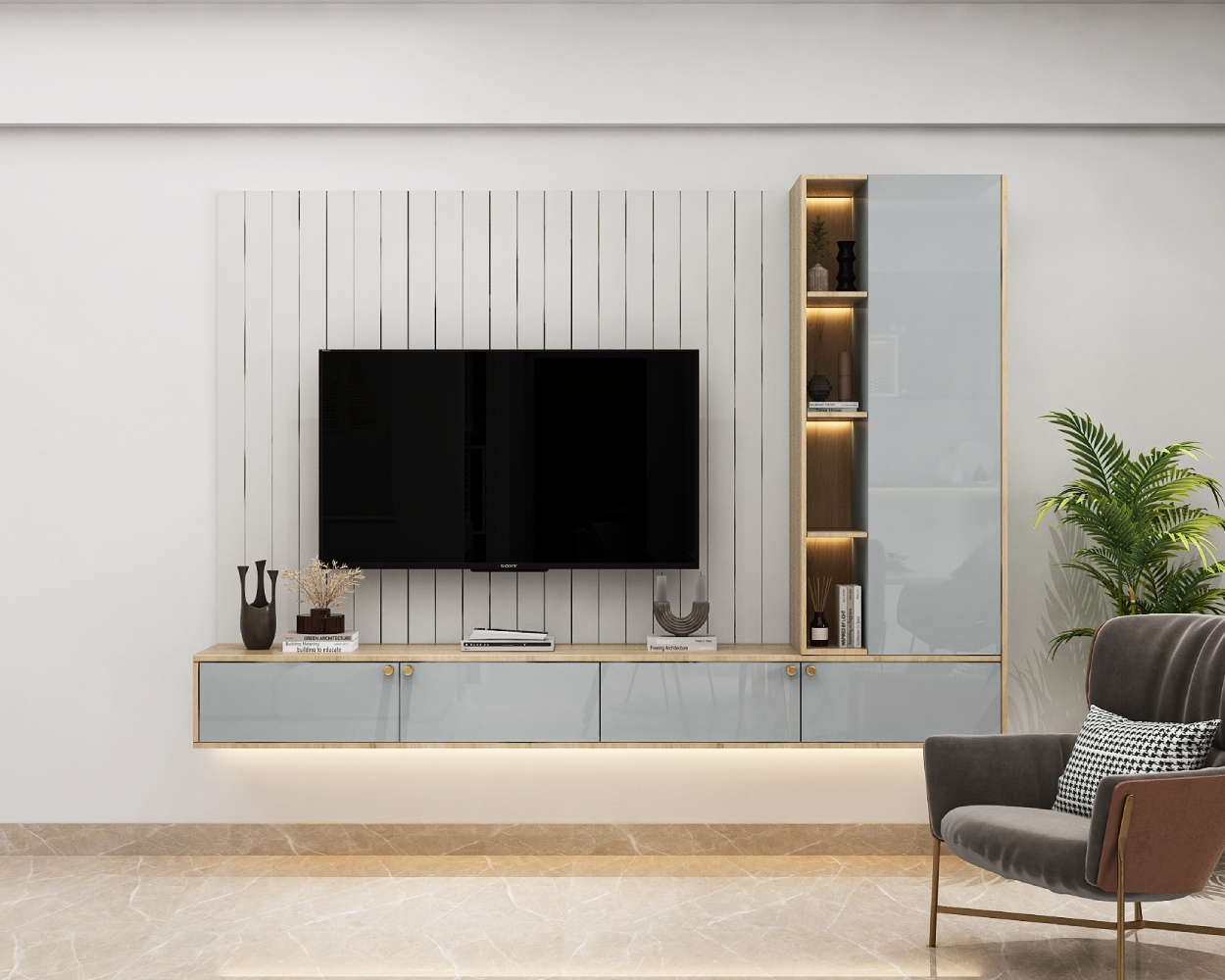 Modern TV Unit Design with in Metallic Blue with Wall Mounted Drawer ...