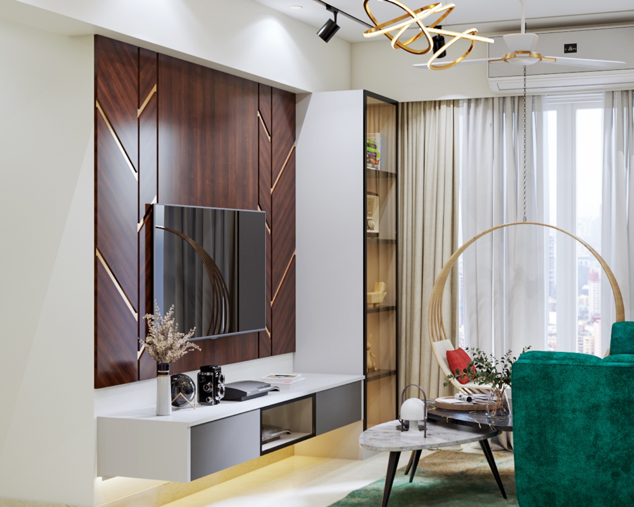 White And Grey TV Unit Design With Wooden Wall Panel | Livspace