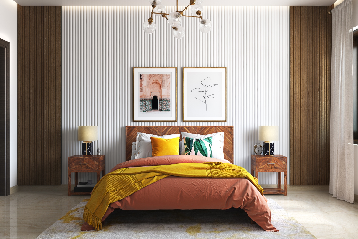 Wooden and White Fluted Wall Panels: Modern Wall Design for Bedroom | Livspace